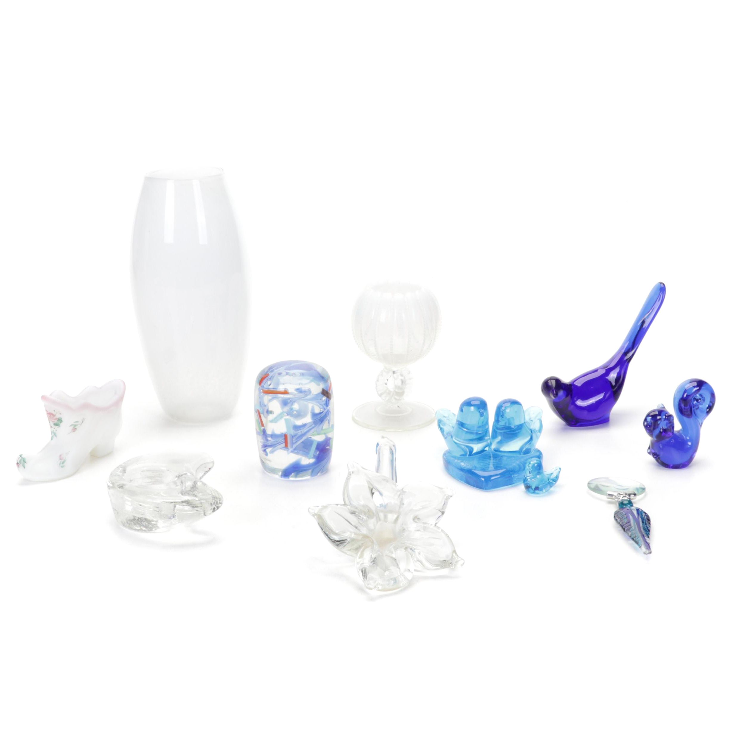 Fenton Blue Bird and Other Art Glass Figurines with Artist Signed Vase ...