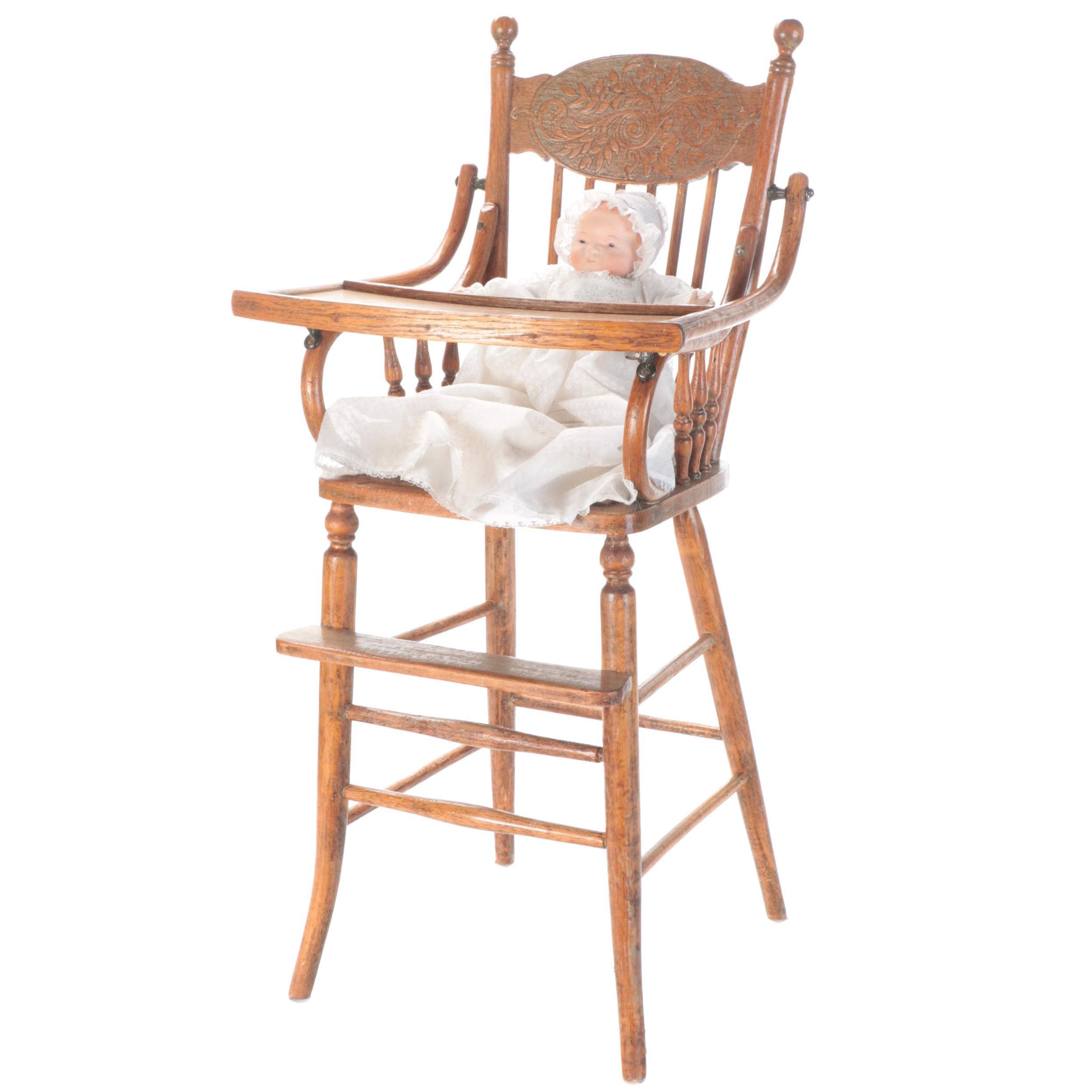 Hand Made Porcelain Doll with Pressed Back Spindle High Chair | EBTH