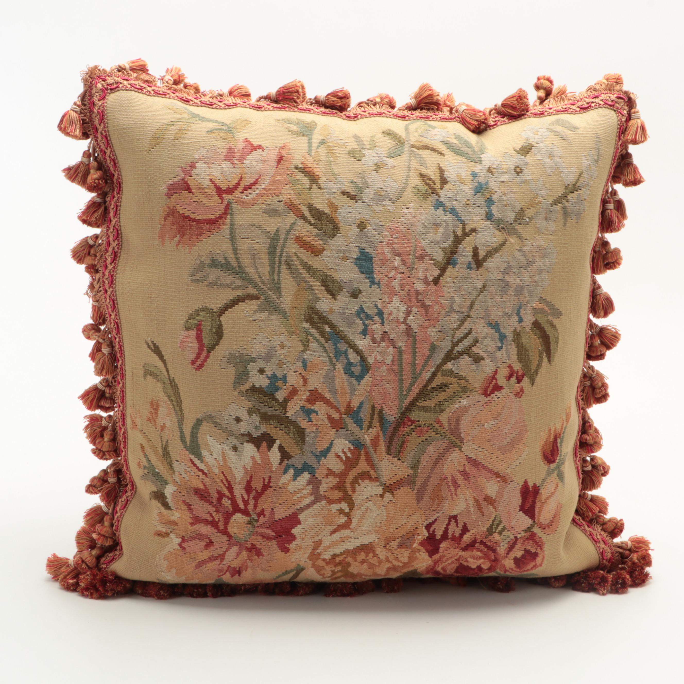 Aubusson Style Needlepoint Neck Roll, Tapestry Weave Throw Pillows, Down Filling | EBTH
