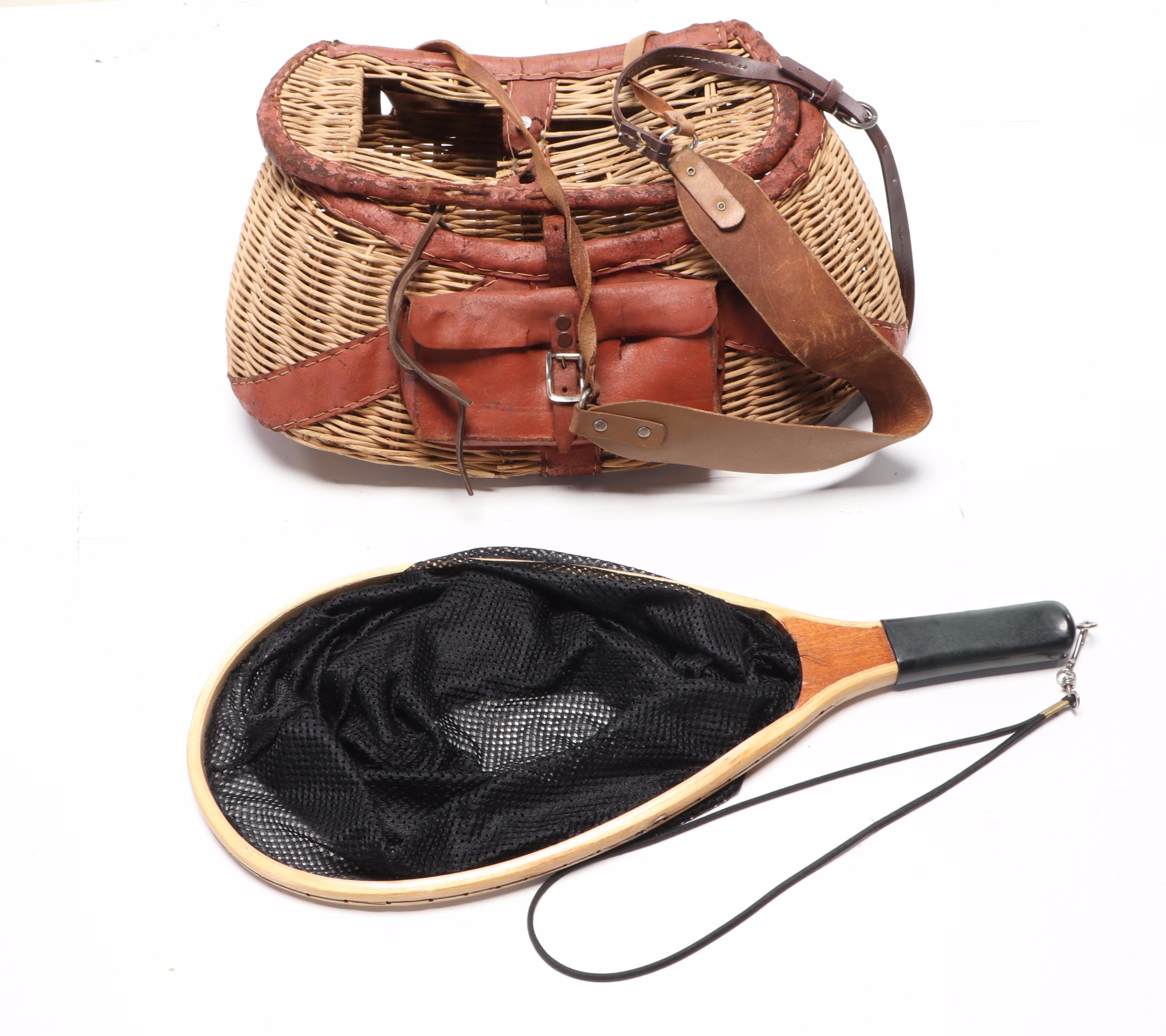 Wicker and Leather Creel With Rods, Reels, Net, Fenwick Case and More ...