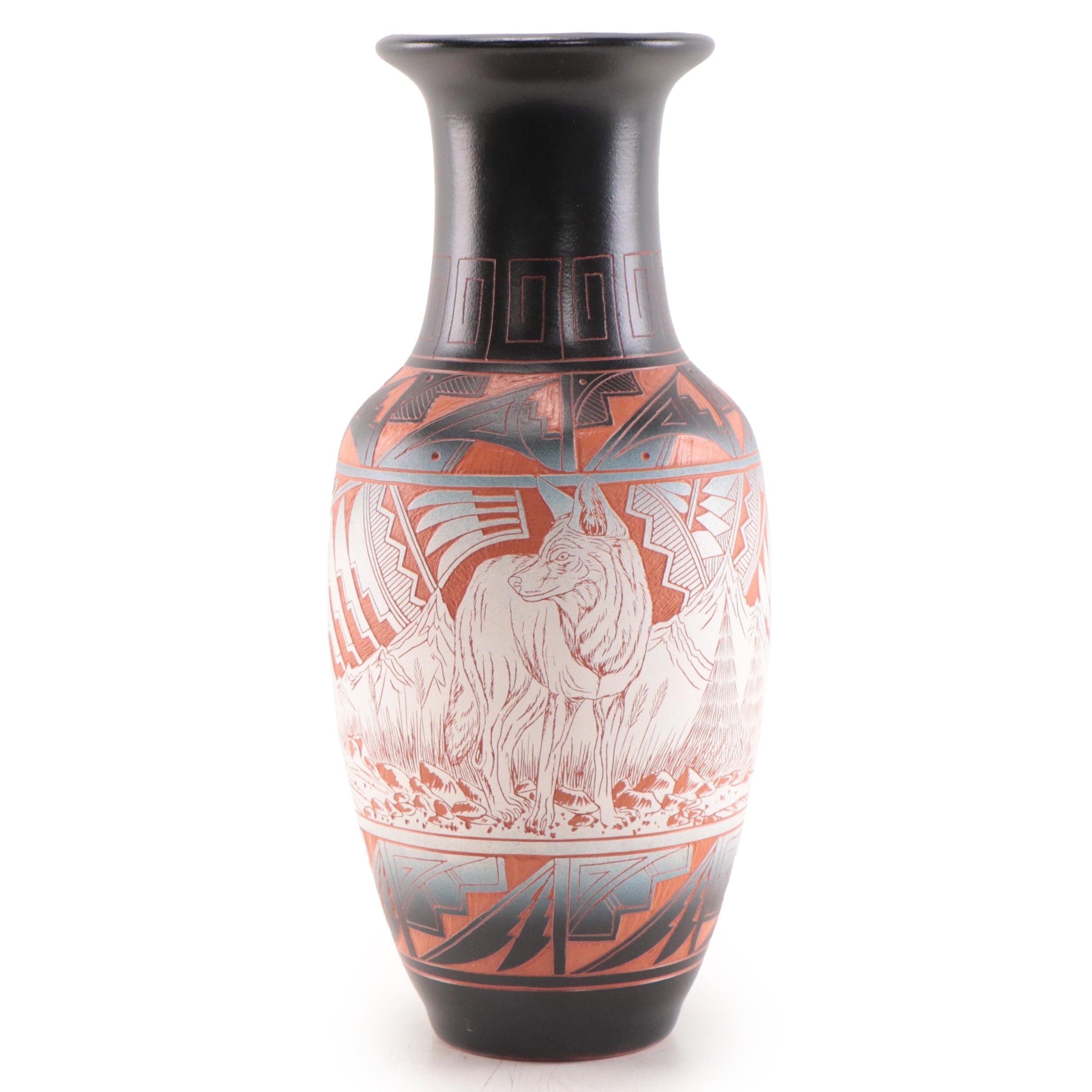 James Benally Navajo Wolves Sgraffito Incised Terracotta Vase | EBTH