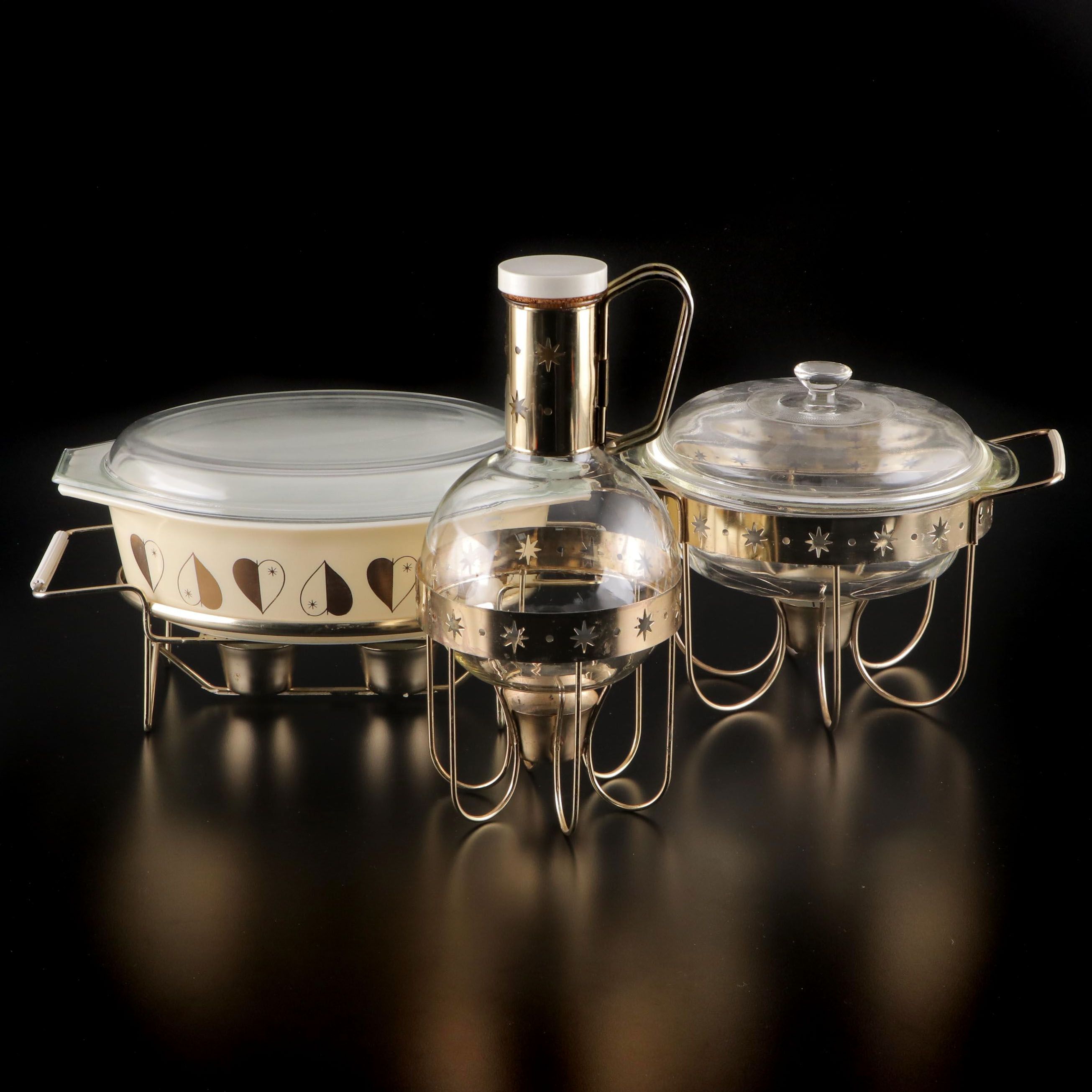 Pyrex "Golden Hearts" Casserole with Carafe and Casserole with Stands ...