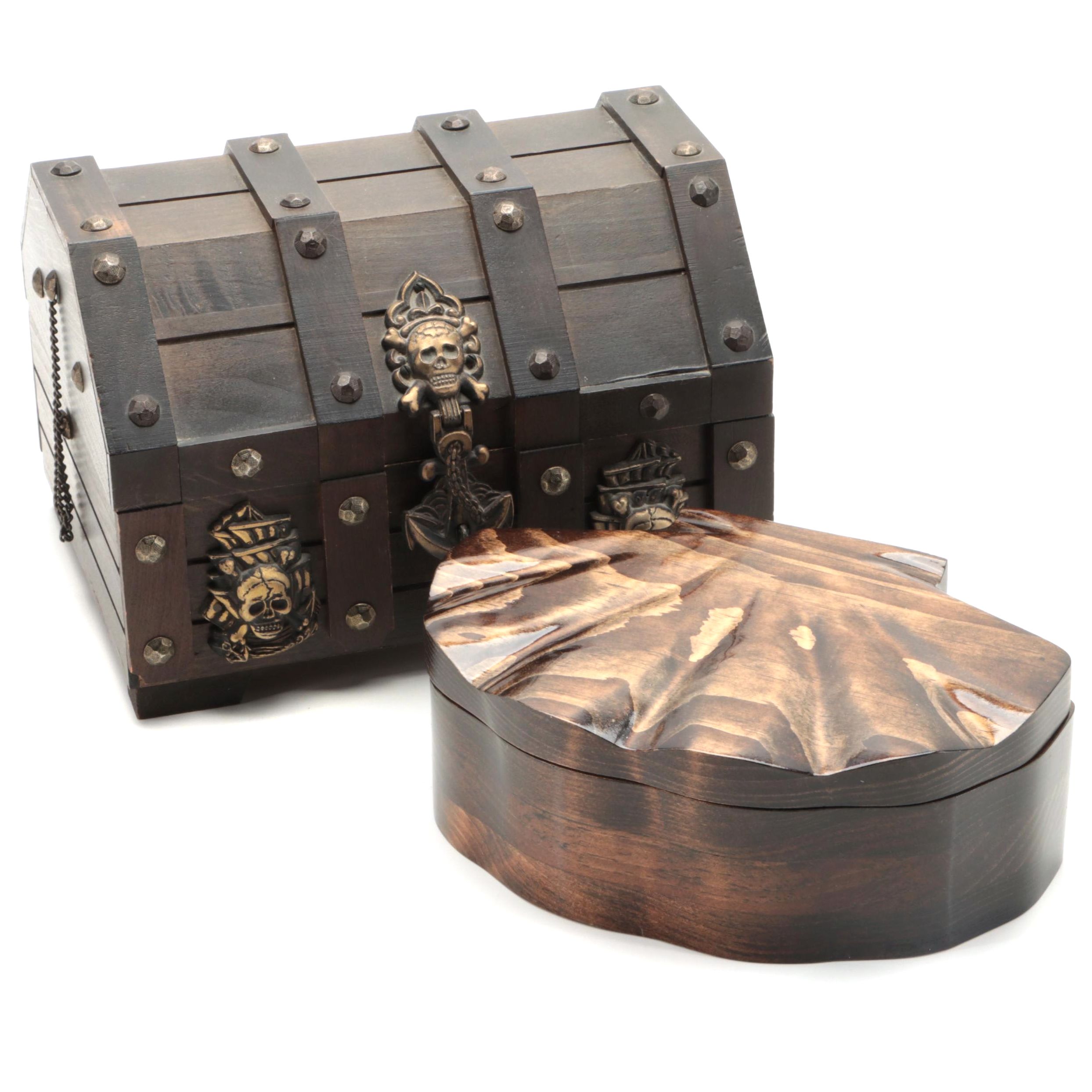 Carved Pine Clamshell Box and Pirate's Chest Jewelry Box | EBTH