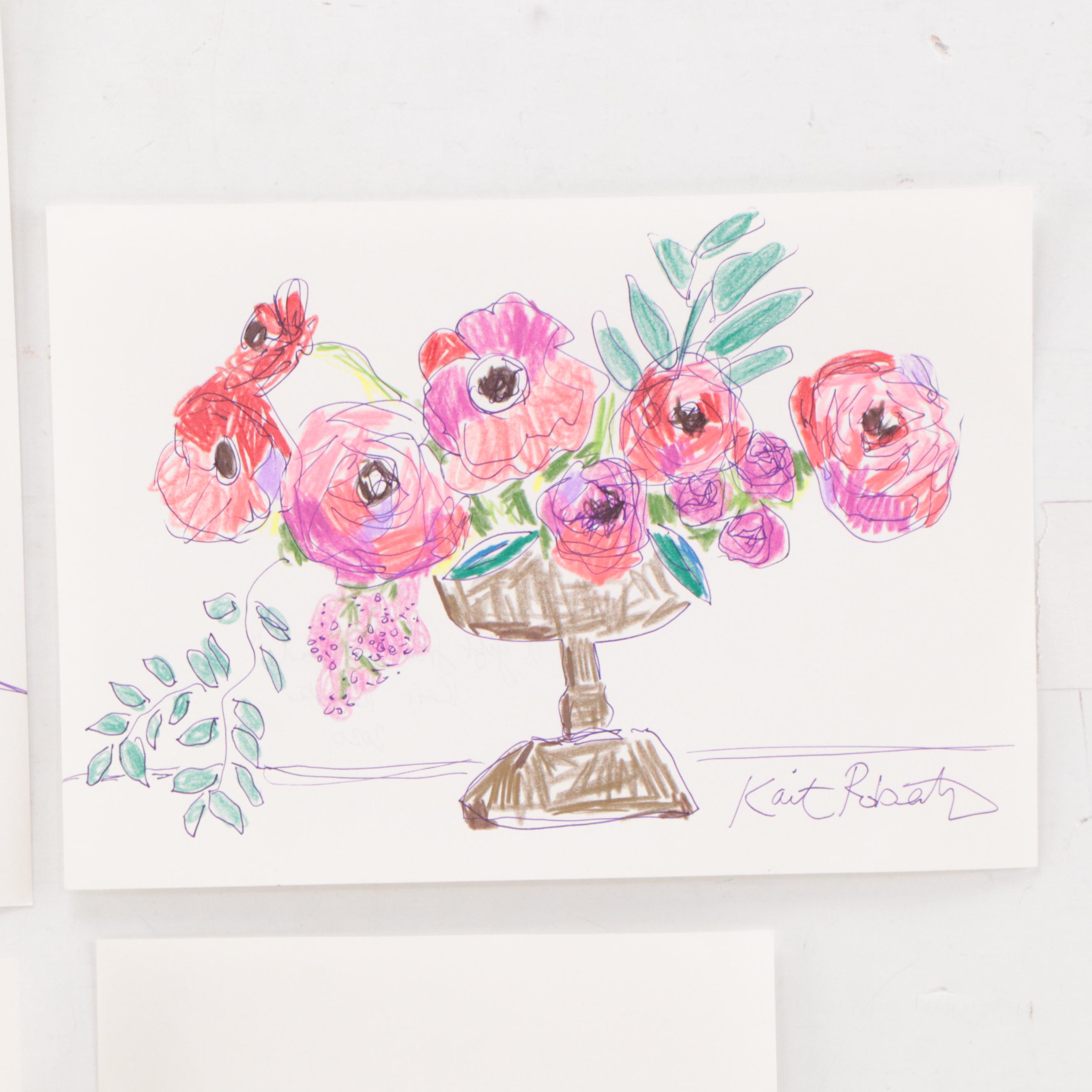 Kait Roberts Floral Still Life Ink and Pastel Drawings, 21st Century | EBTH