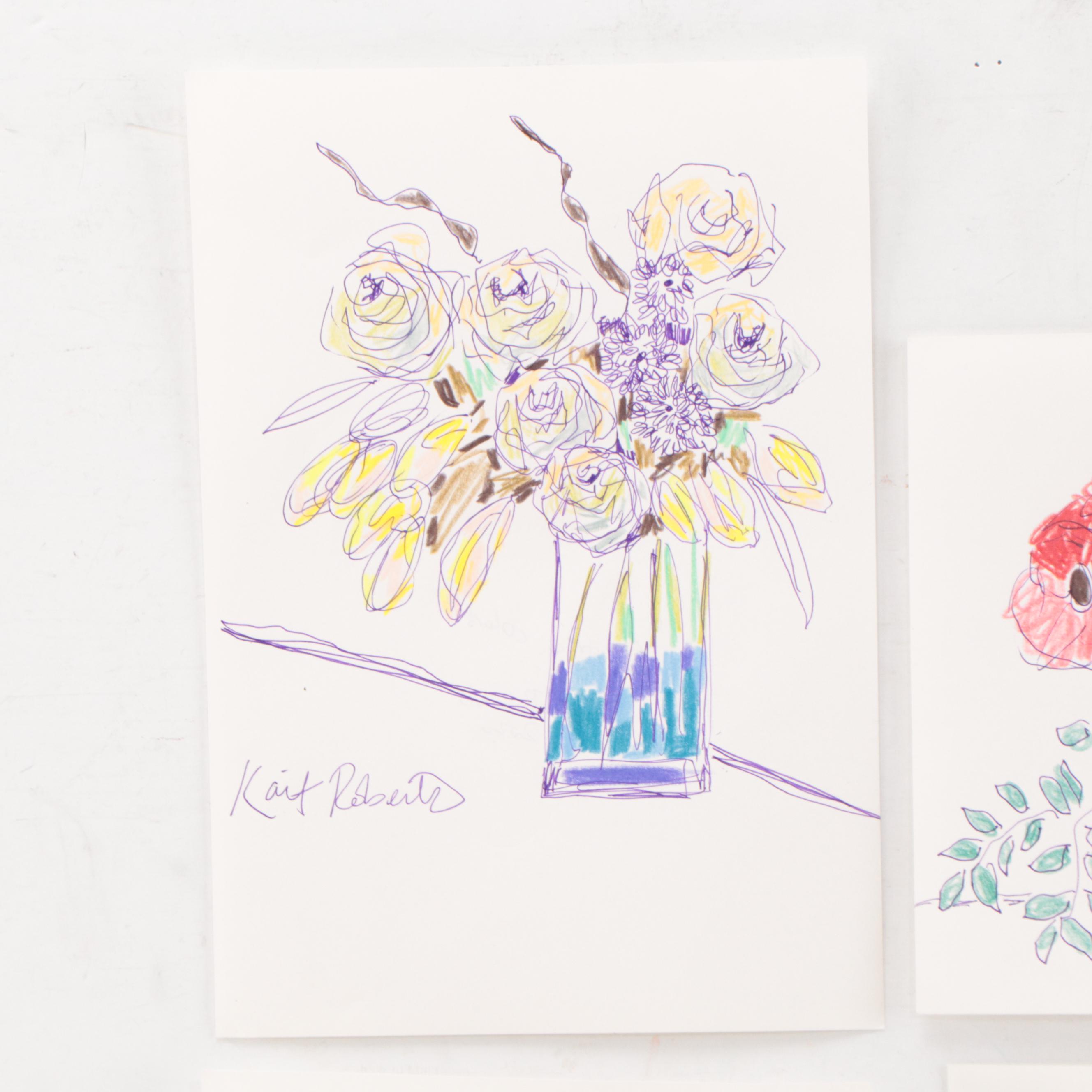 Kait Roberts Floral Still Life Ink and Pastel Drawings, 21st Century | EBTH