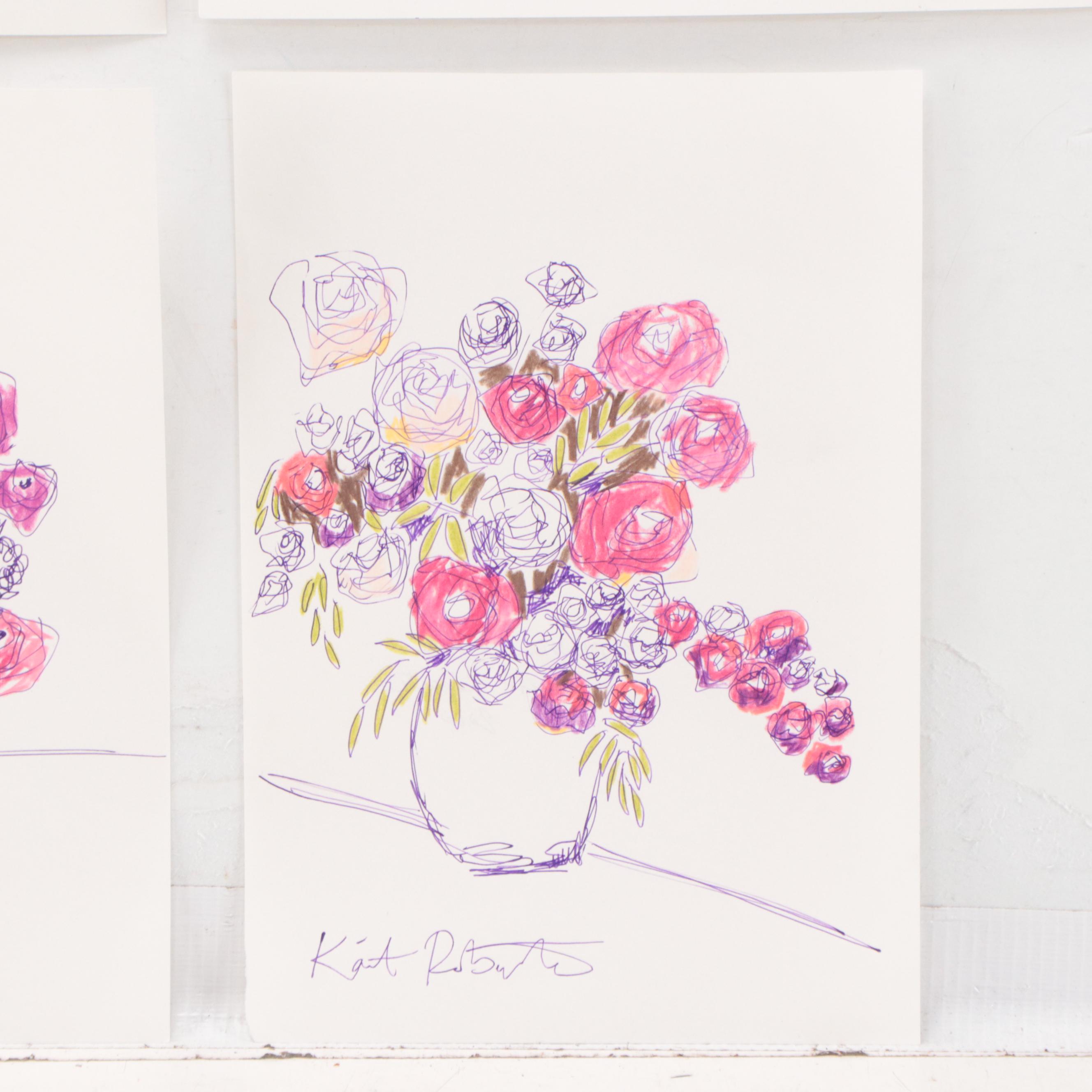 Kait Roberts Floral Still Life Ink and Pastel Drawings, 21st Century | EBTH