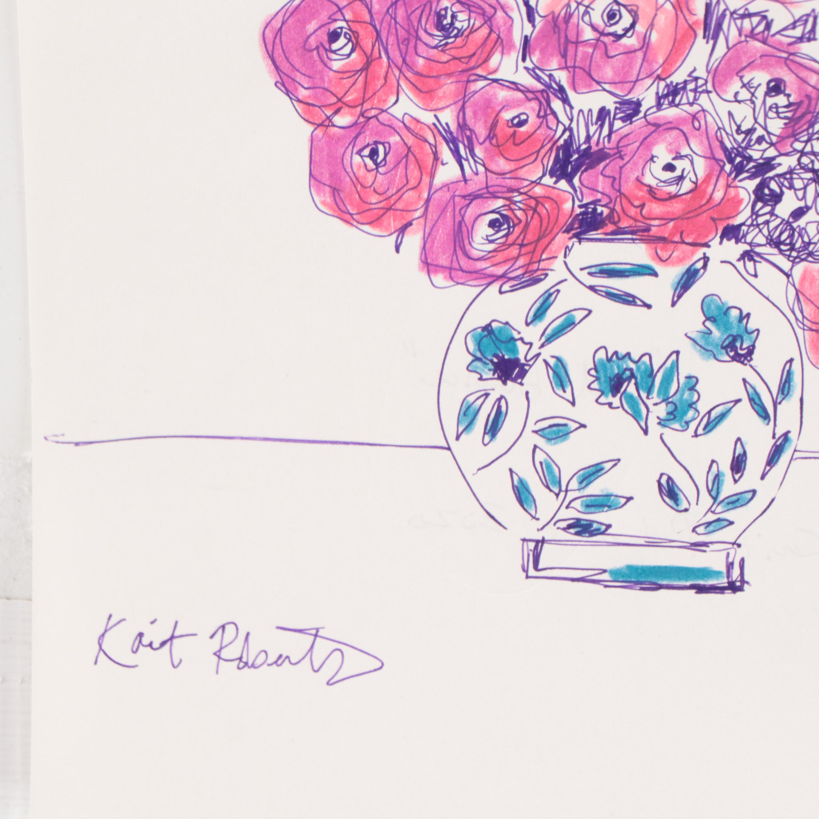 Kait Roberts Floral Still Life Ink and Pastel Drawings, 21st Century | EBTH