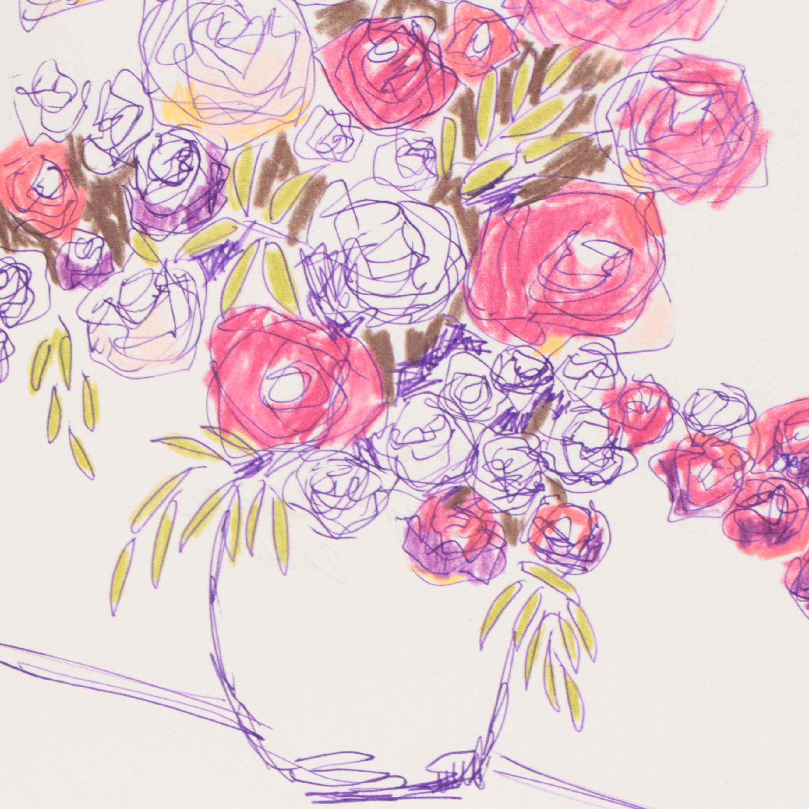 Kait Roberts Floral Still Life Ink and Pastel Drawings, 21st Century | EBTH