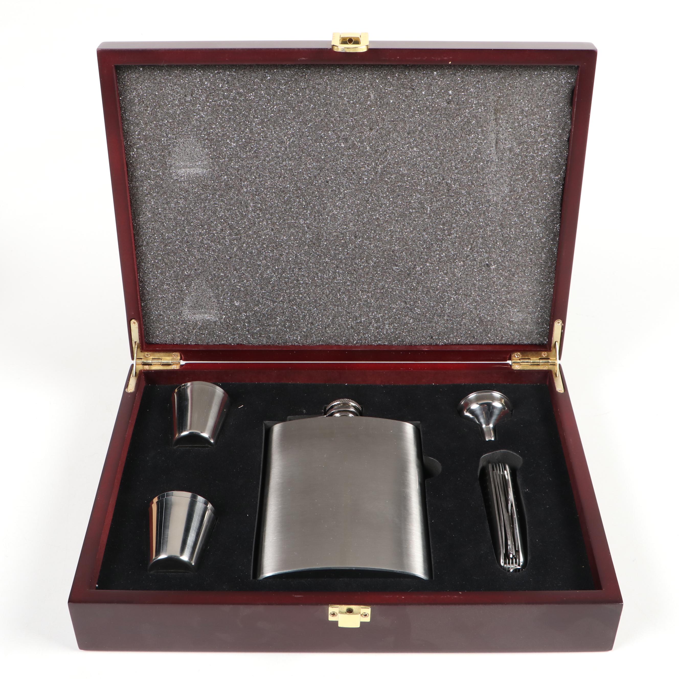 Brushed Stainless Steel Hip Flask Set with Cufflinks, Cigar Boxes, and ...