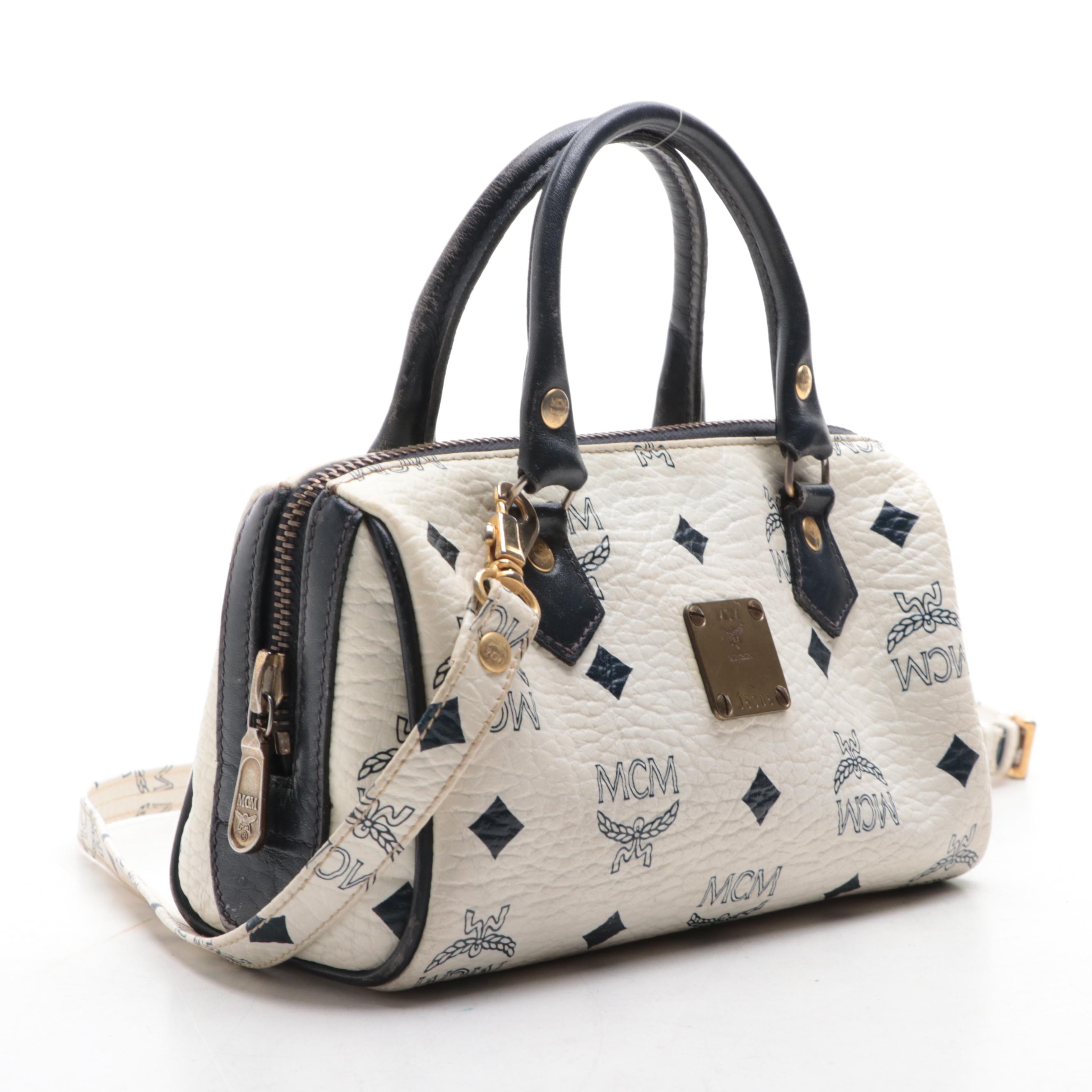 MCM Mini Boston Bag in White Visetos Monogram Canvas and Leather | EBTH