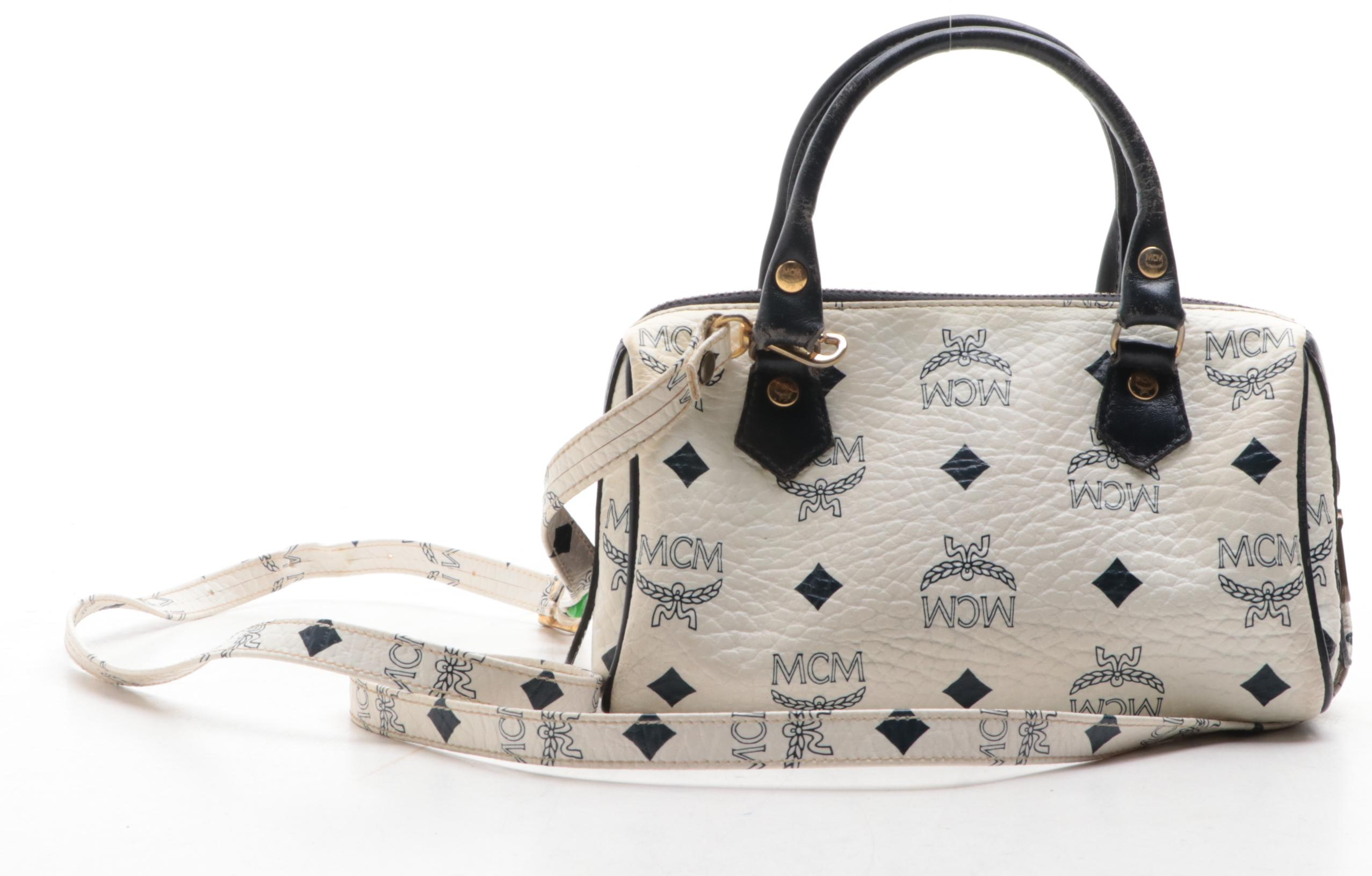 MCM Mini Boston Bag in White Visetos Monogram Canvas and Leather | EBTH