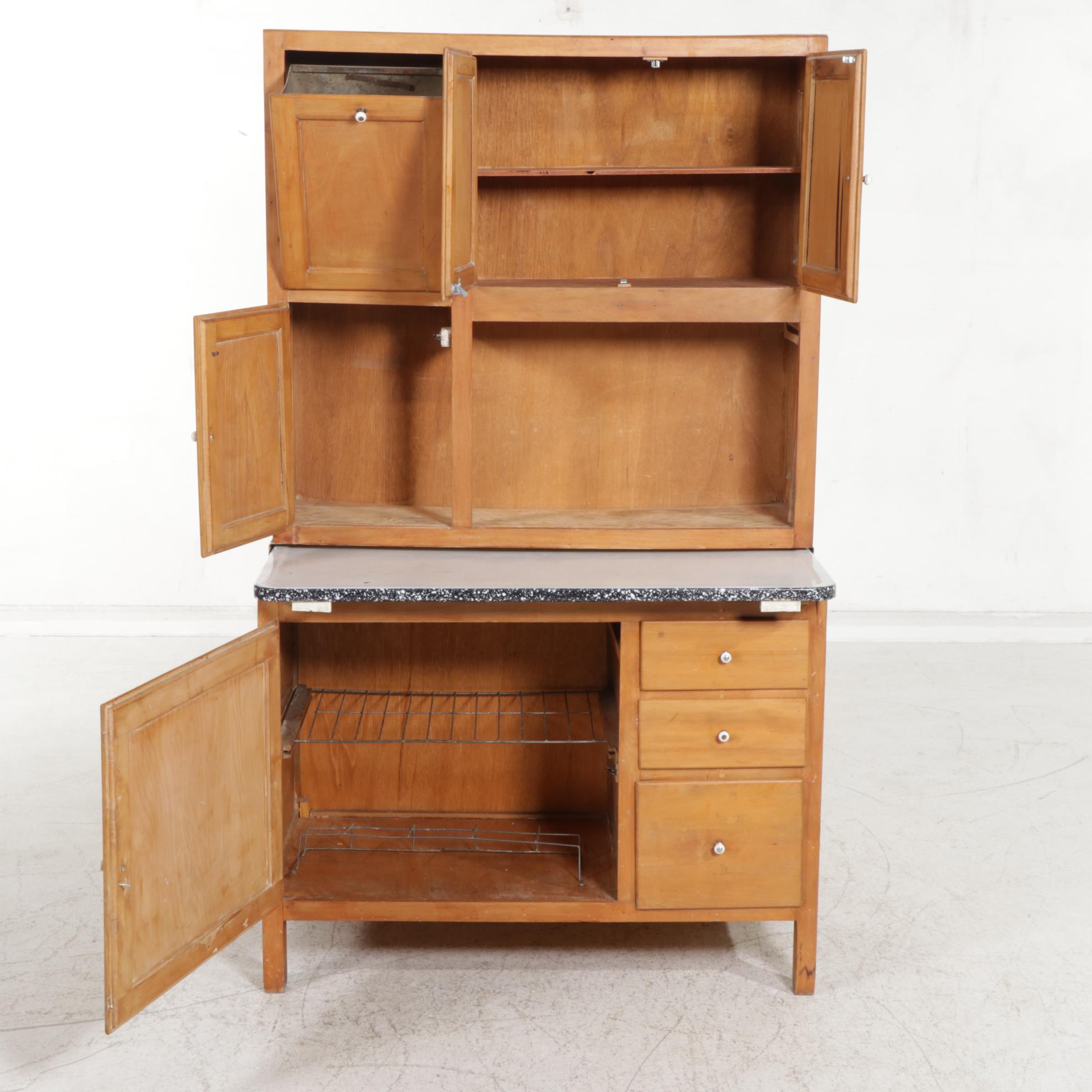 Hoosier Style Wood and Enameled Metal Two-Piece Kitchen Cabinet | EBTH