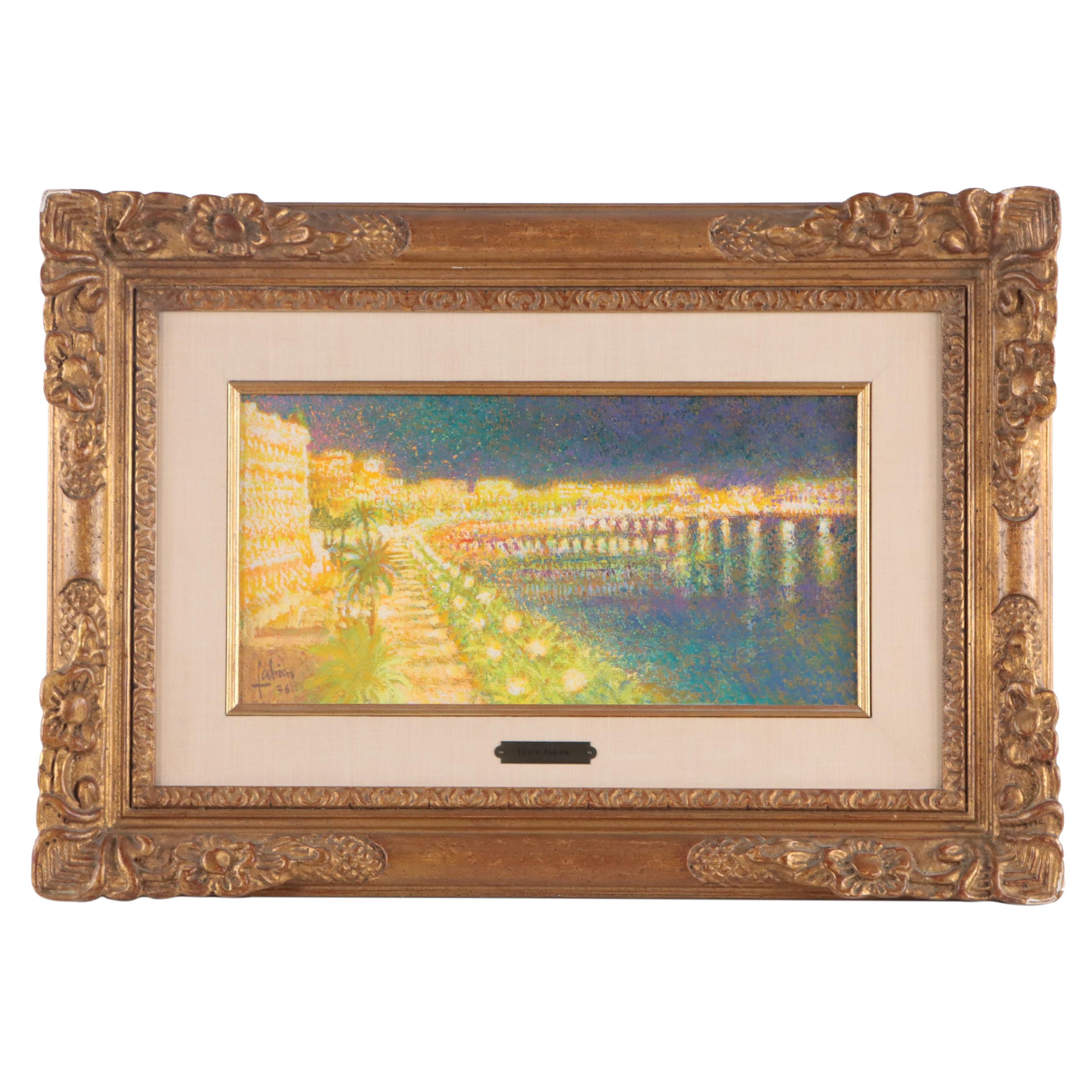 Louis Fabien Oil Painting of Coastal City at Night, 1976 | EBTH
