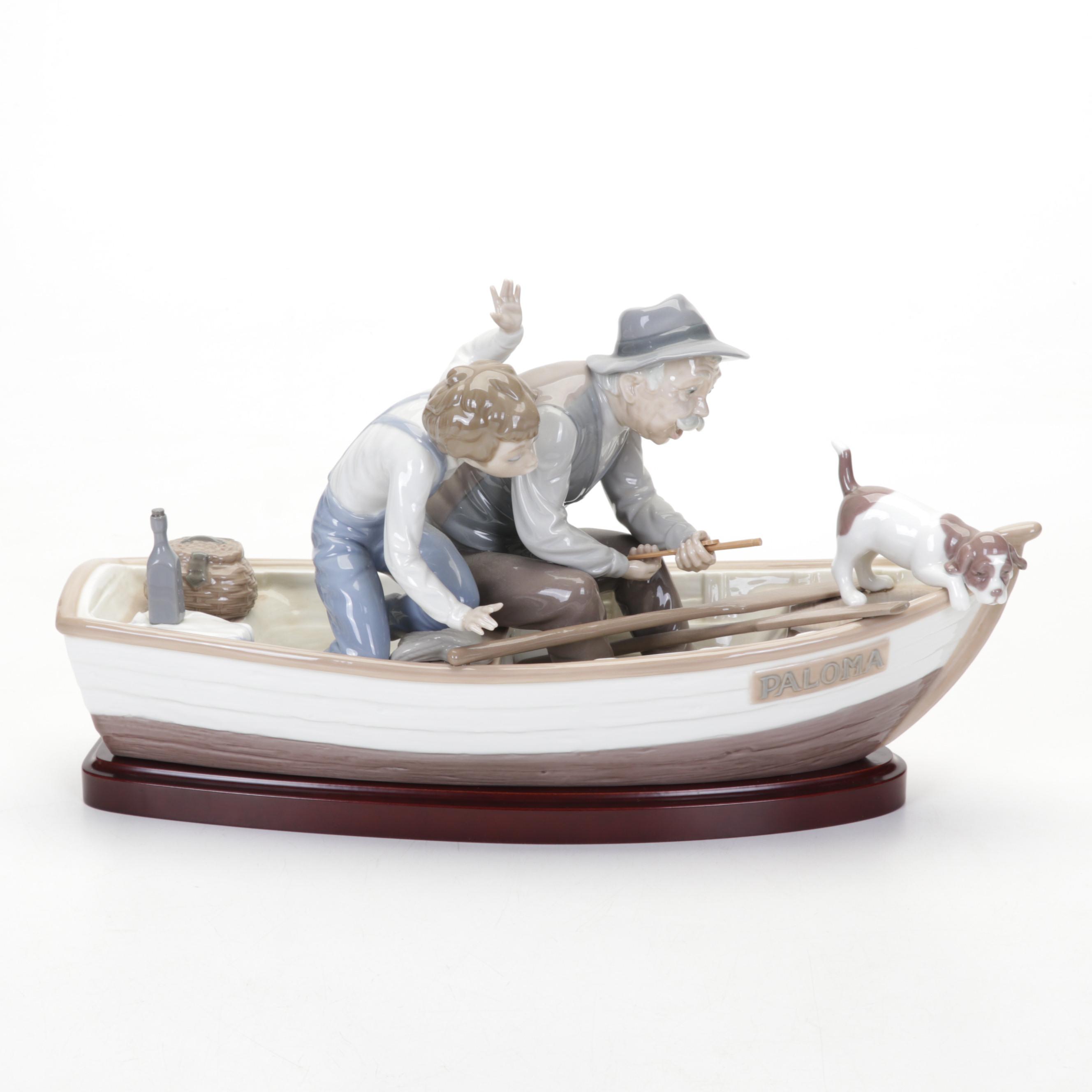 Lladro "Fishing with Gramps" Porcelain Figurine on Wooden Base | EBTH