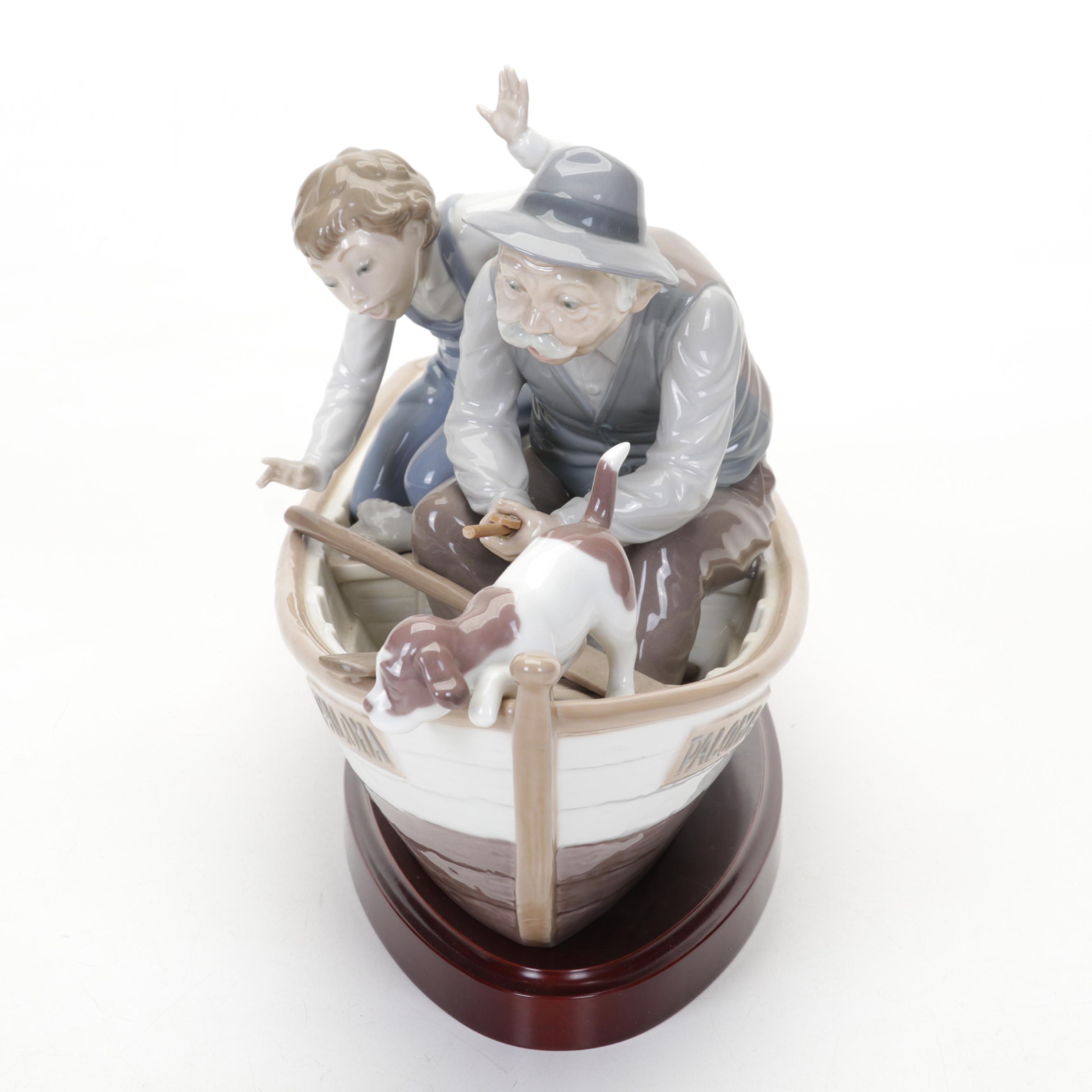 Lladro "Fishing with Gramps" Porcelain Figurine on Wooden Base | EBTH