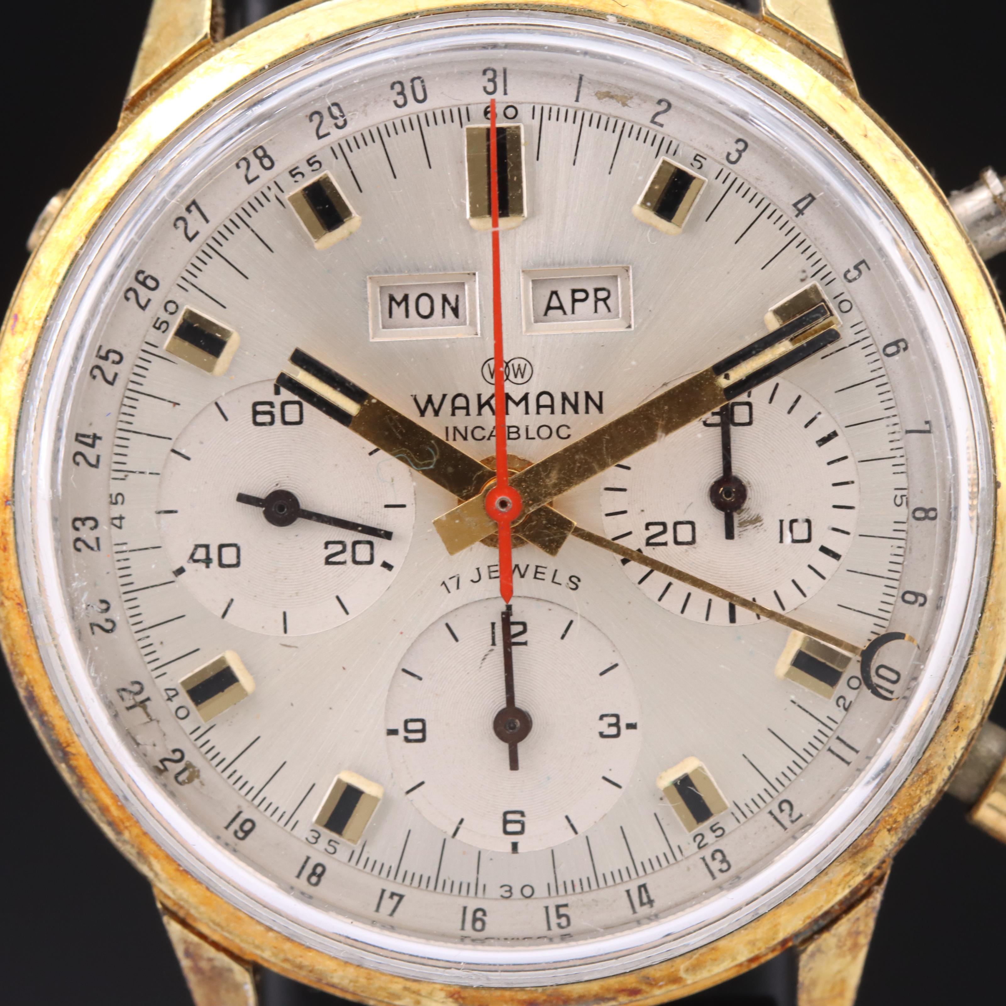 Vintage Wakmann Incablock Triple Calendar Chrongraph Wristwatch | EBTH