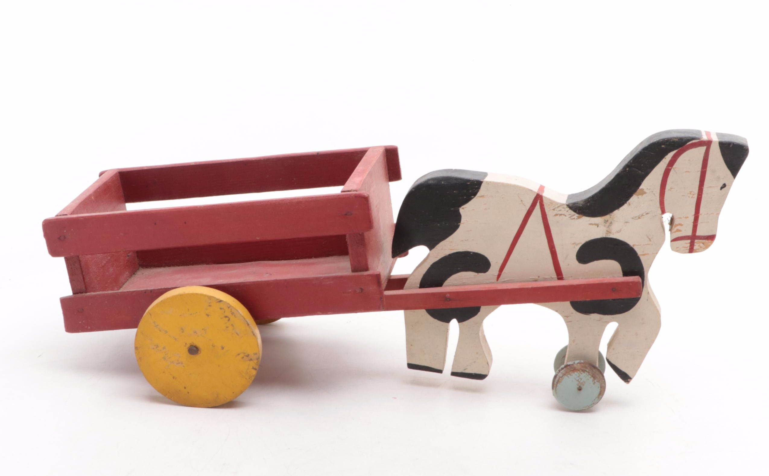 Wooden Pull Toy Duck Cart and Horse Wagon, Early to Mid-20th Century | EBTH