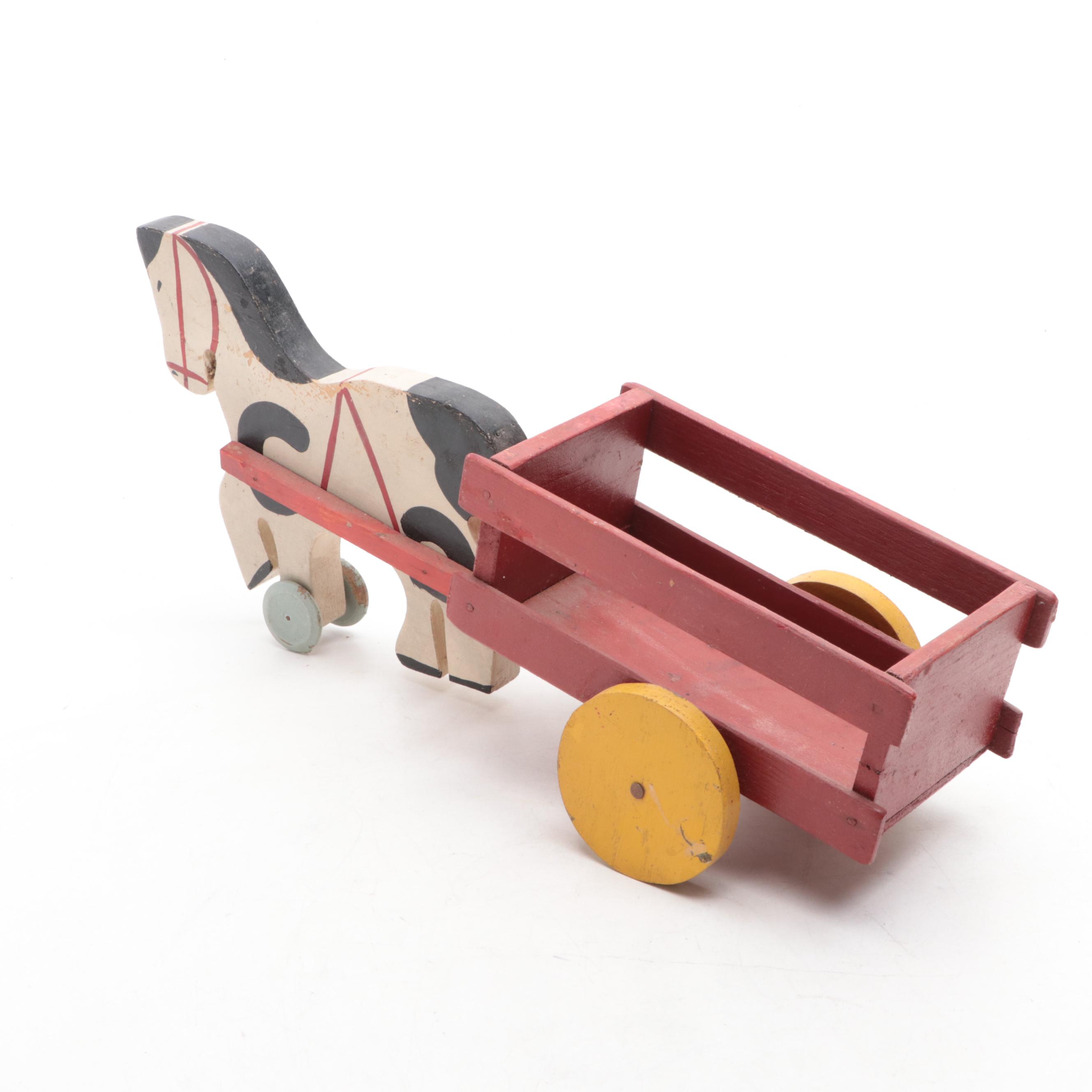 Wooden Pull Toy Duck Cart and Horse Wagon, Early to Mid-20th Century | EBTH