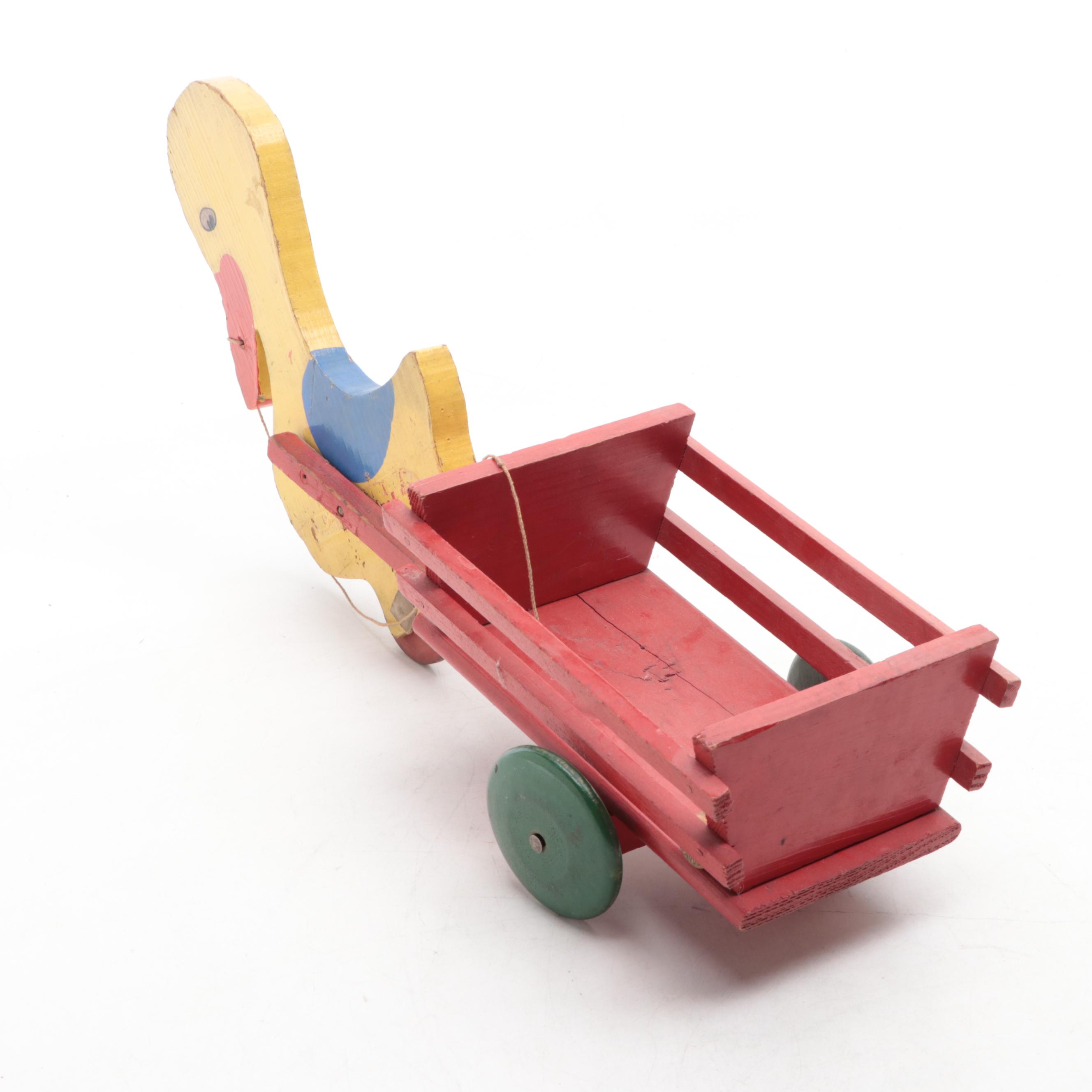 Wooden Pull Toy Duck Cart and Horse Wagon, Early to Mid-20th Century | EBTH