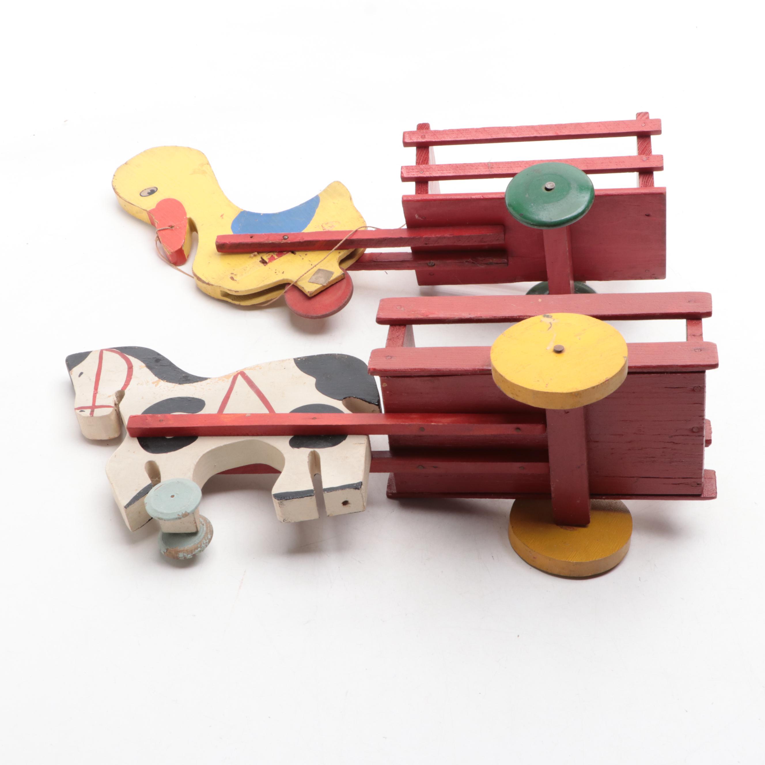 Wooden Pull Toy Duck Cart and Horse Wagon, Early to Mid-20th Century | EBTH