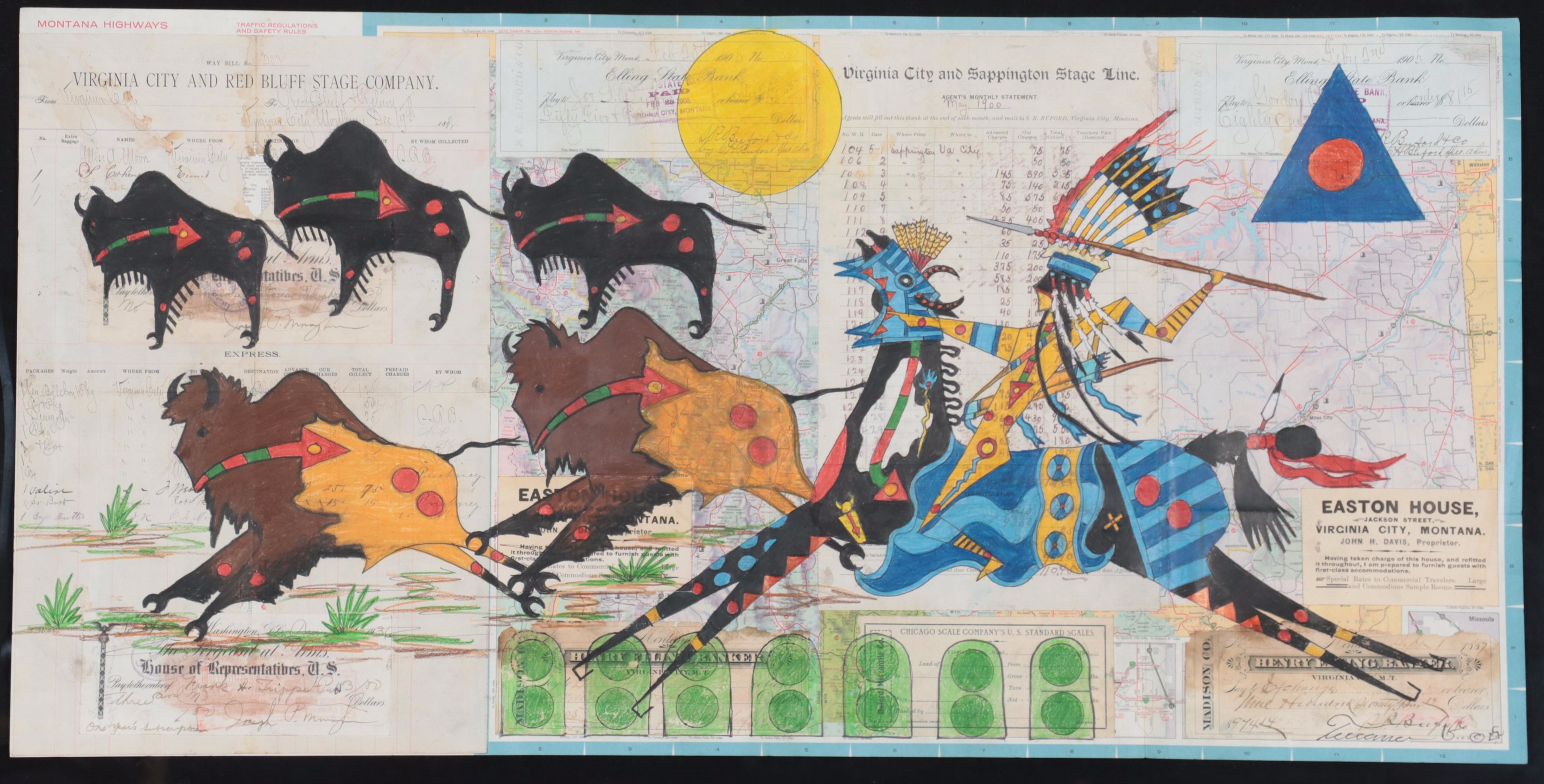 Native American Mixed Media Ledger Drawing of Hunting Buffalo, Late ...