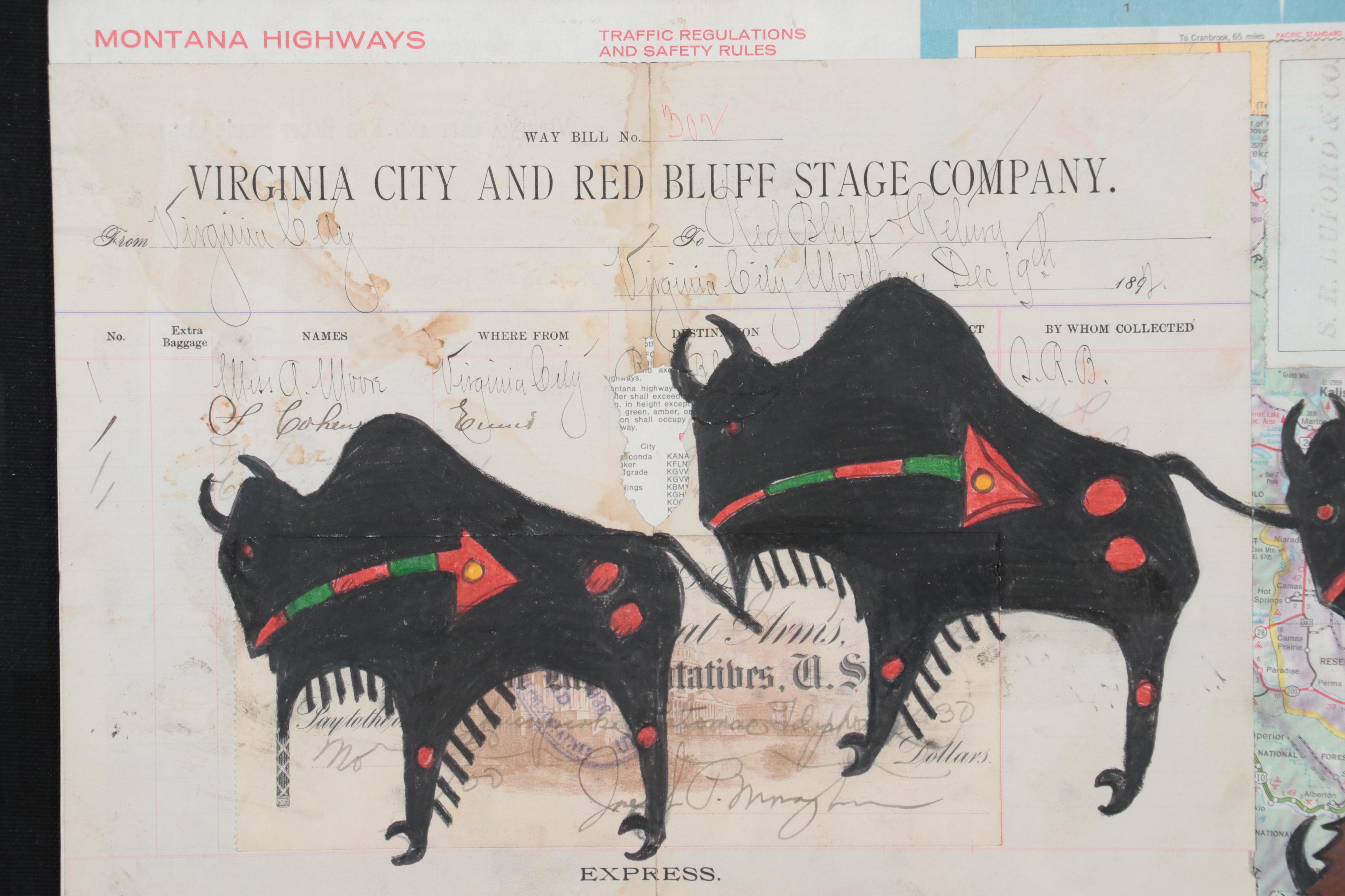 Native American Mixed Media Ledger Drawing of Hunting Buffalo, Late ...