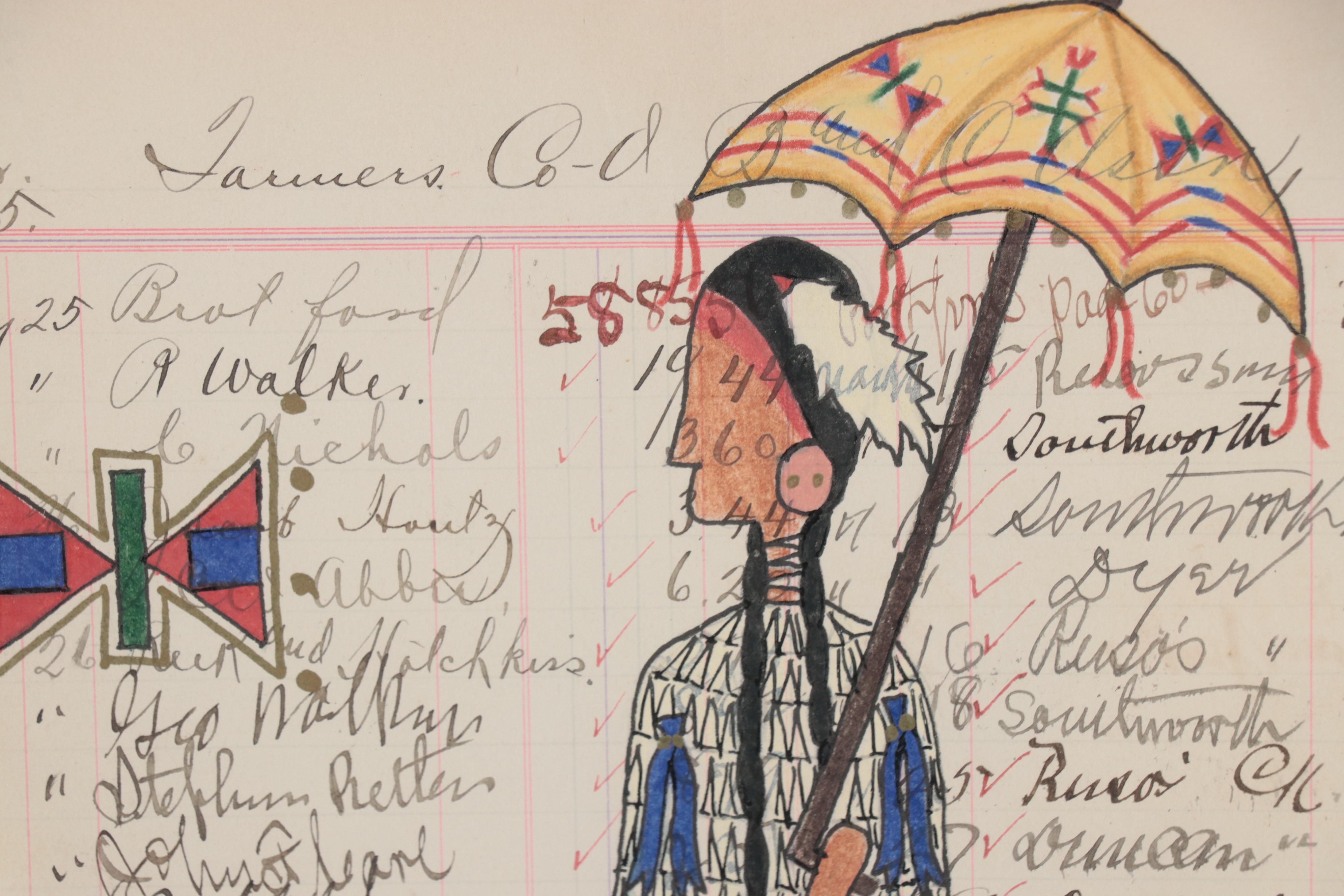 Lauren Good Day Giago Mixed Media Ledger Drawing of Native American ...
