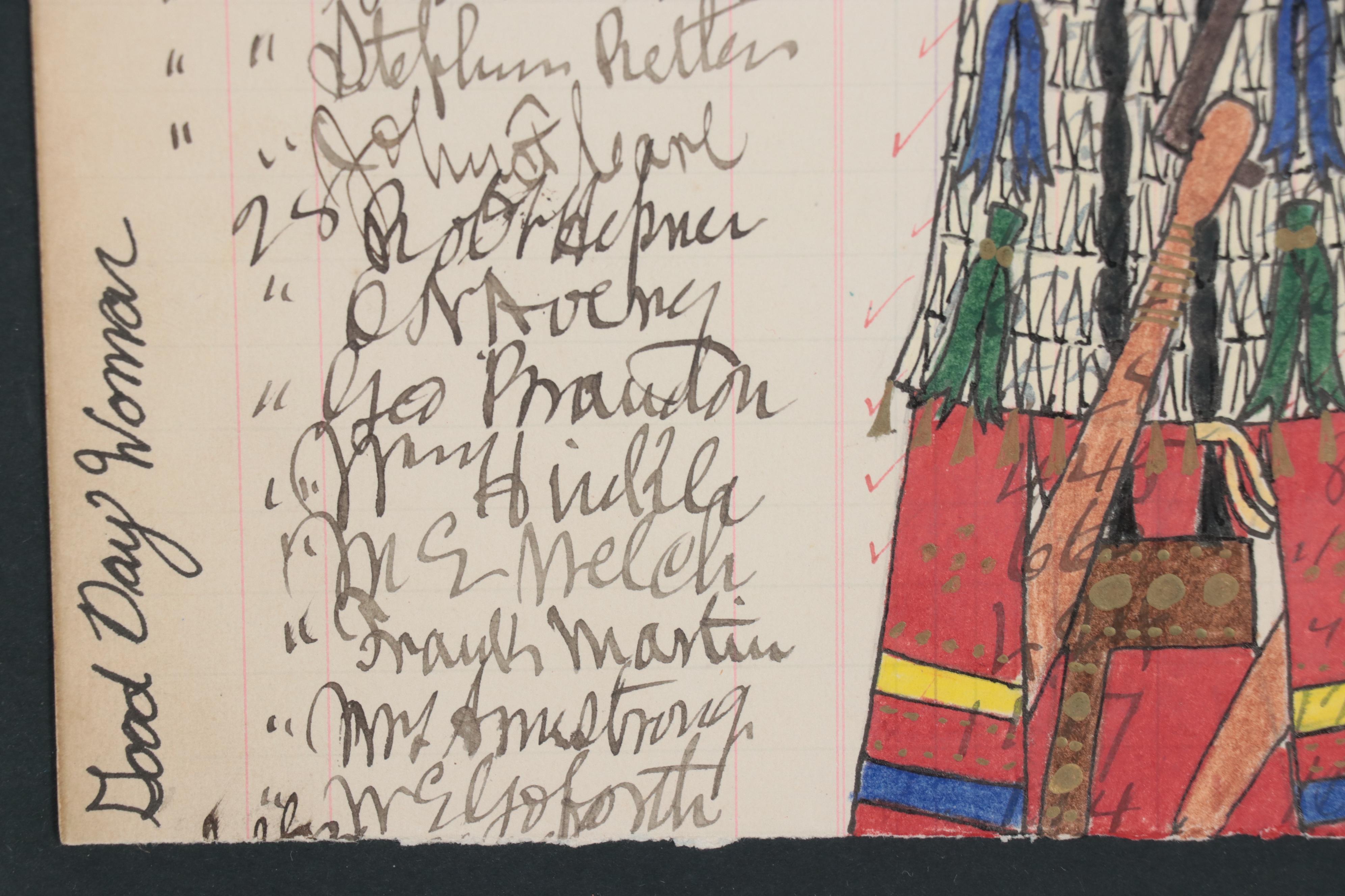 Lauren Good Day Giago Mixed Media Ledger Drawing of Native American ...