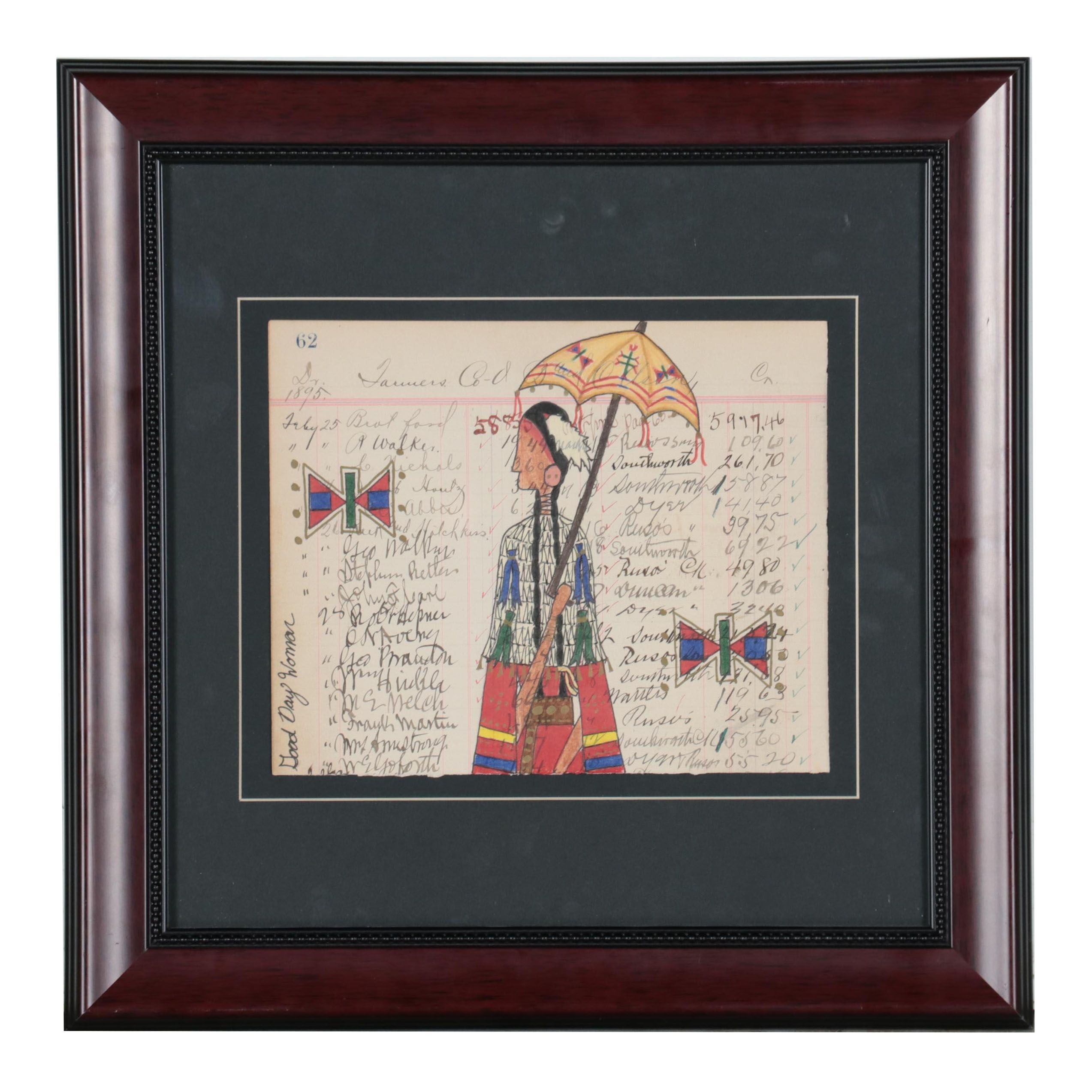 Lauren Good Day Giago Mixed Media Ledger Drawing of Native American ...