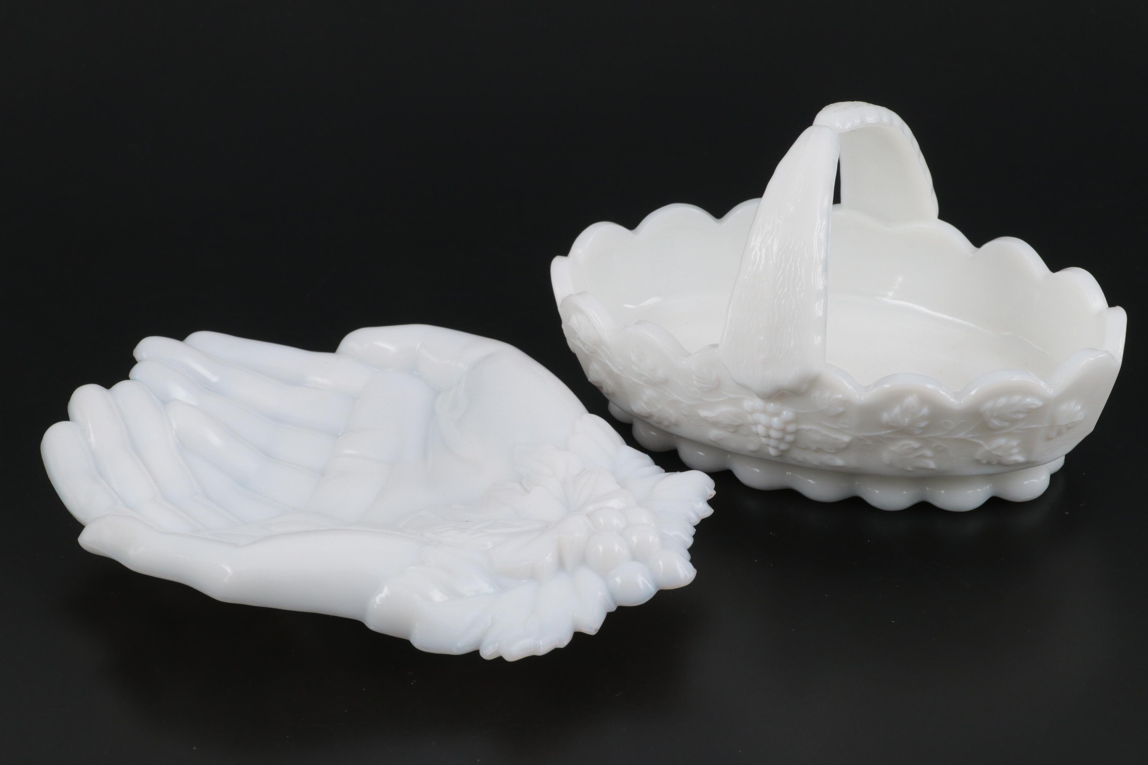 Westmoreland Milk Glass and Other Opalescent Hobnail Vases and Nappy ...