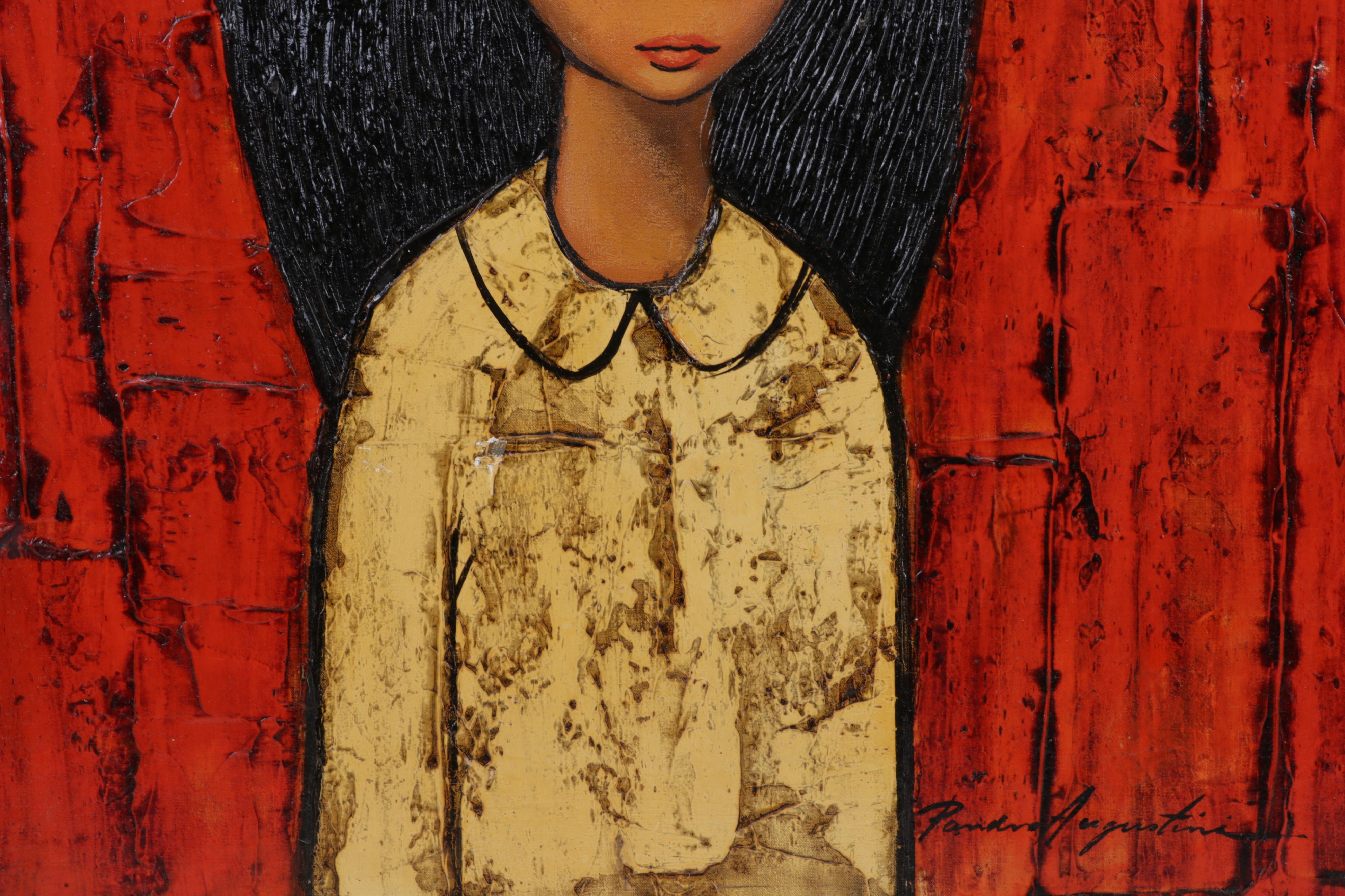 Pandro Augustino Folk Art Portrait Oil Painting of Young Girl, Late ...