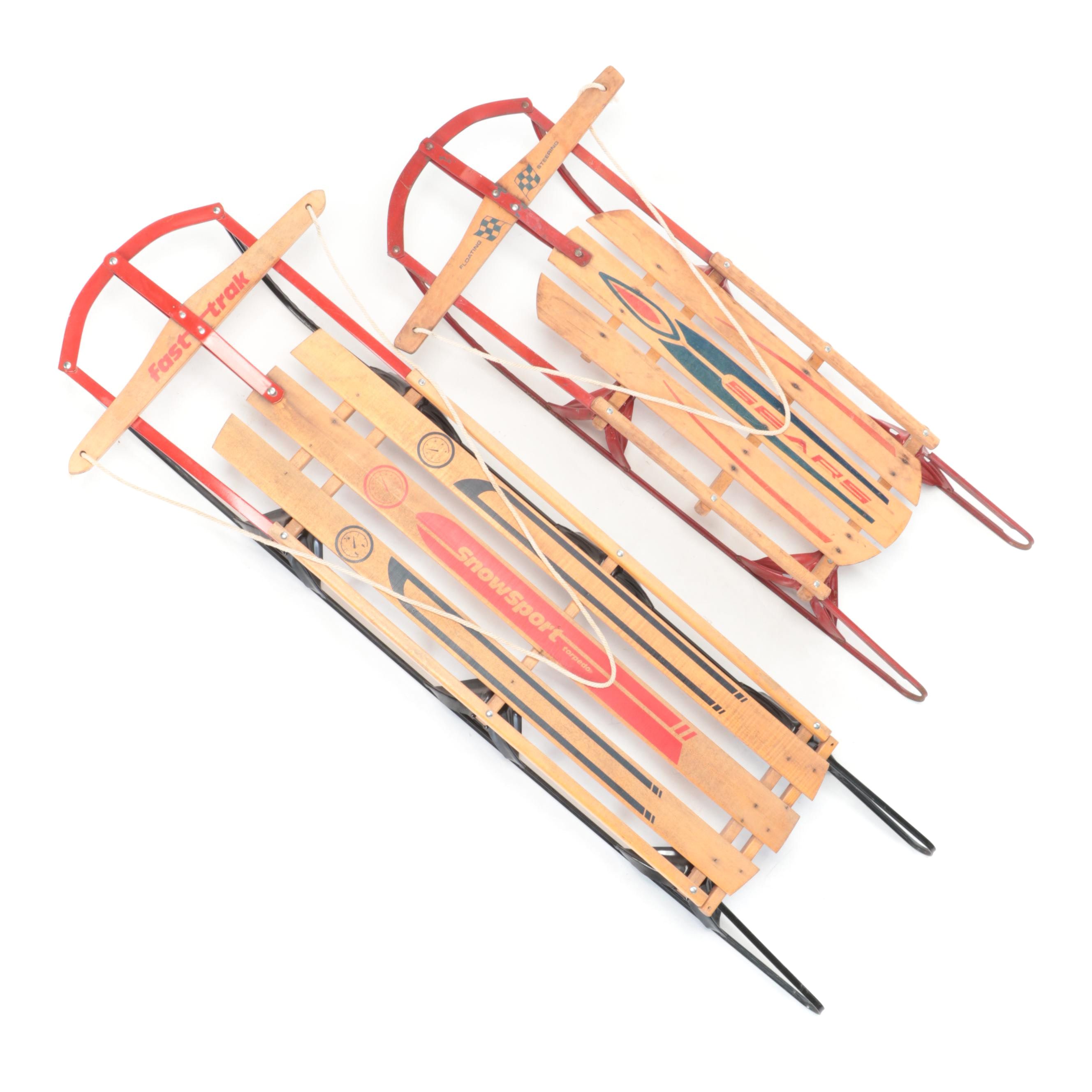 Three Vintage Sleds Including Flexible Fliyer Racer Wood and Metal Sled ...