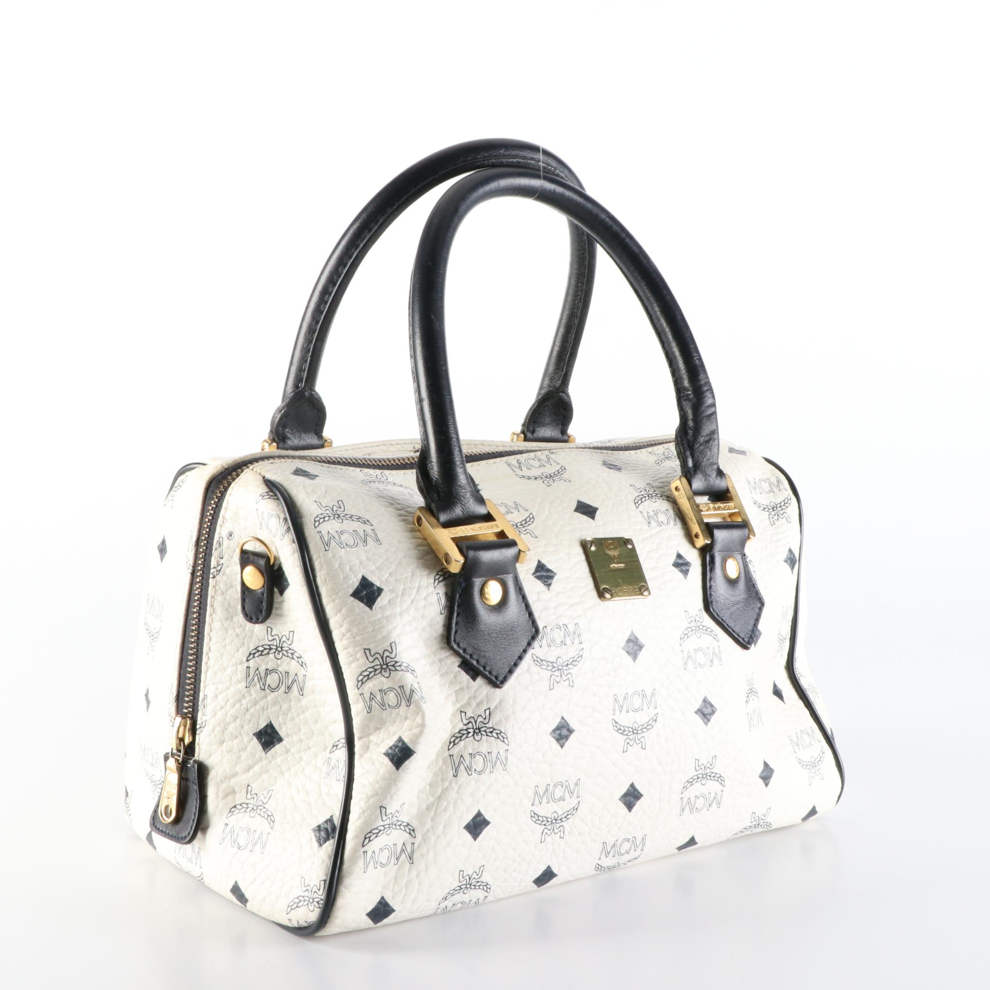 MCM Small Boston Bag in White Monogram Visetos Canvas and Leather | EBTH