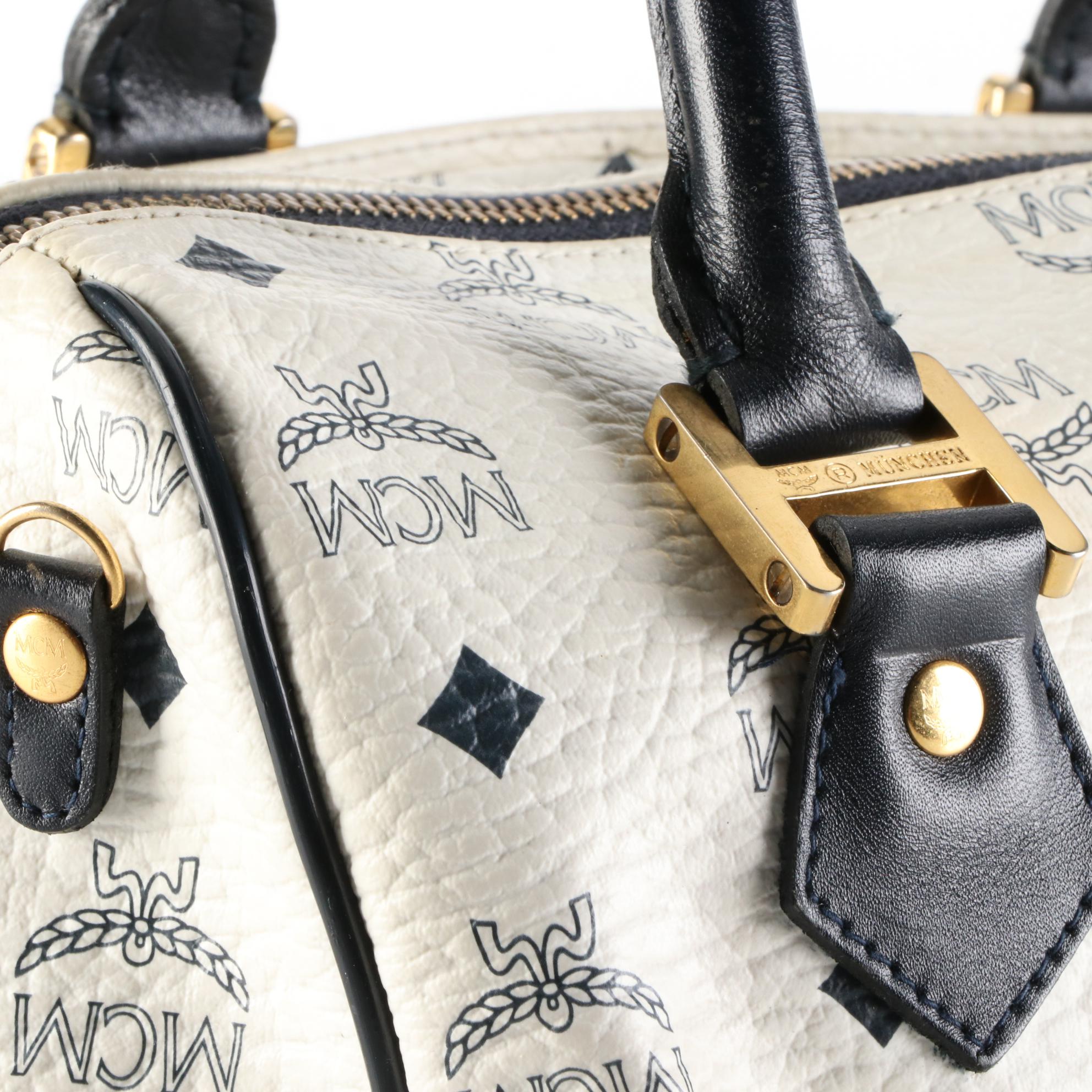 MCM Small Boston Bag in White Monogram Visetos Canvas and Leather | EBTH
