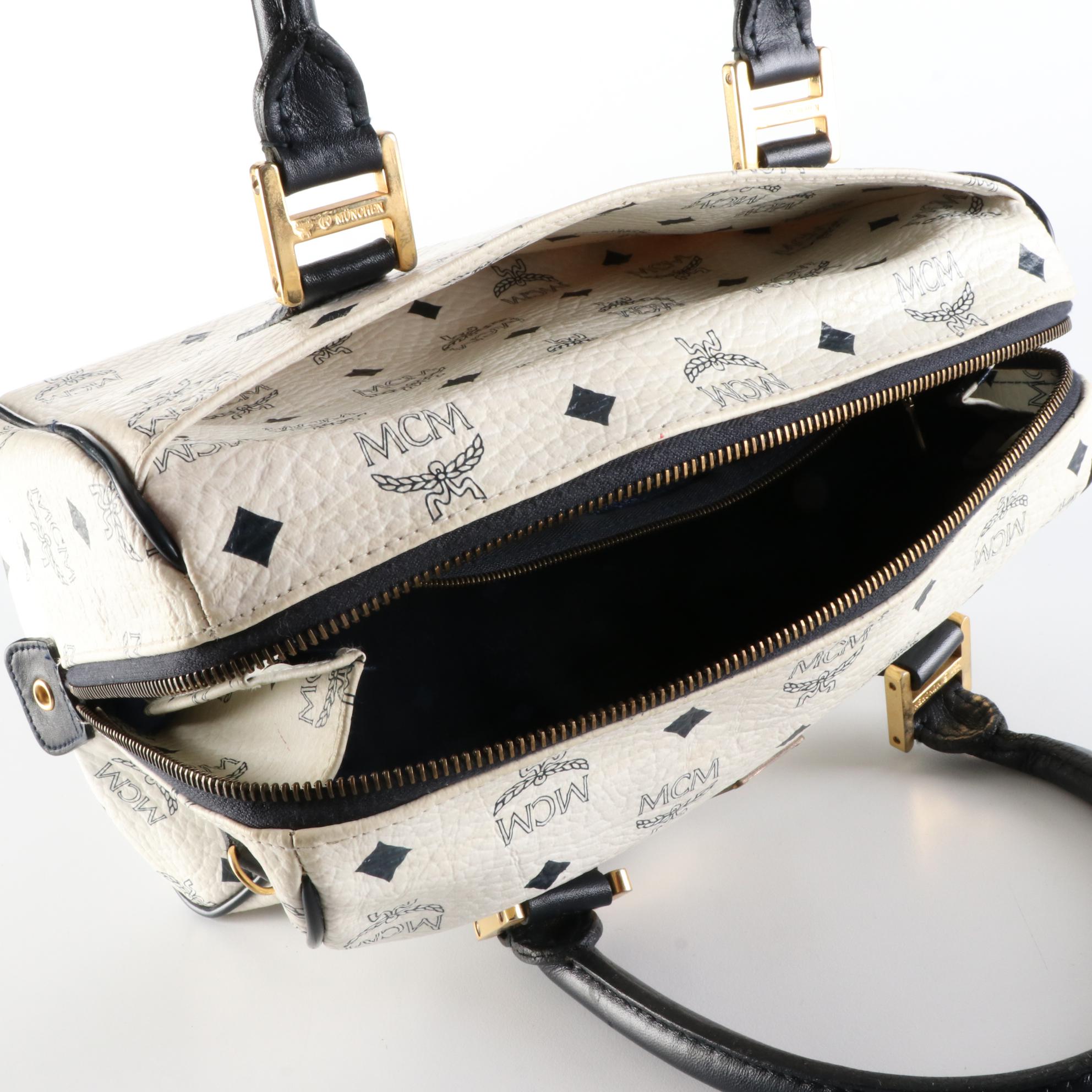 MCM Small Boston Bag in White Monogram Visetos Canvas and Leather | EBTH