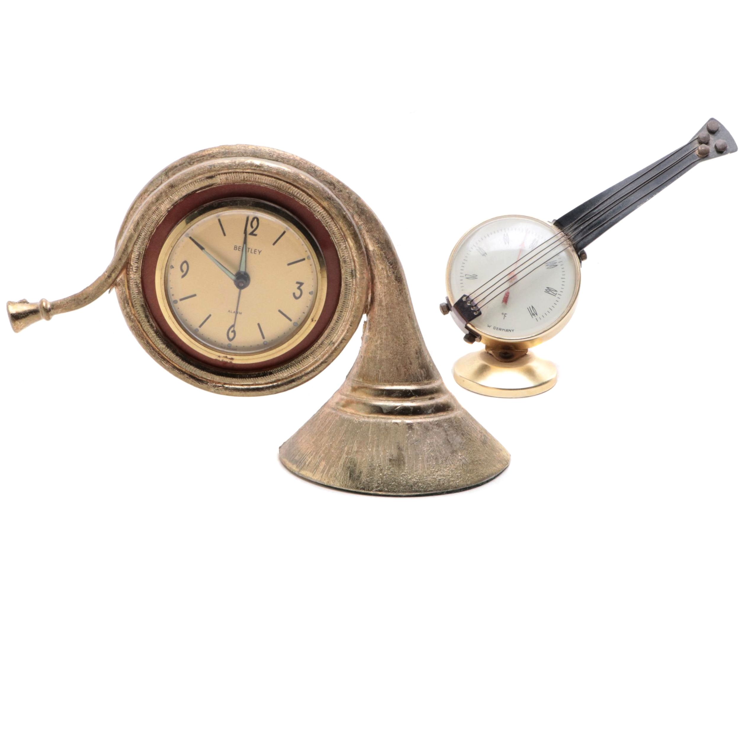 Bentley Horn Desk Clock with Banjo Thermometer, Mid to Late 20th ...