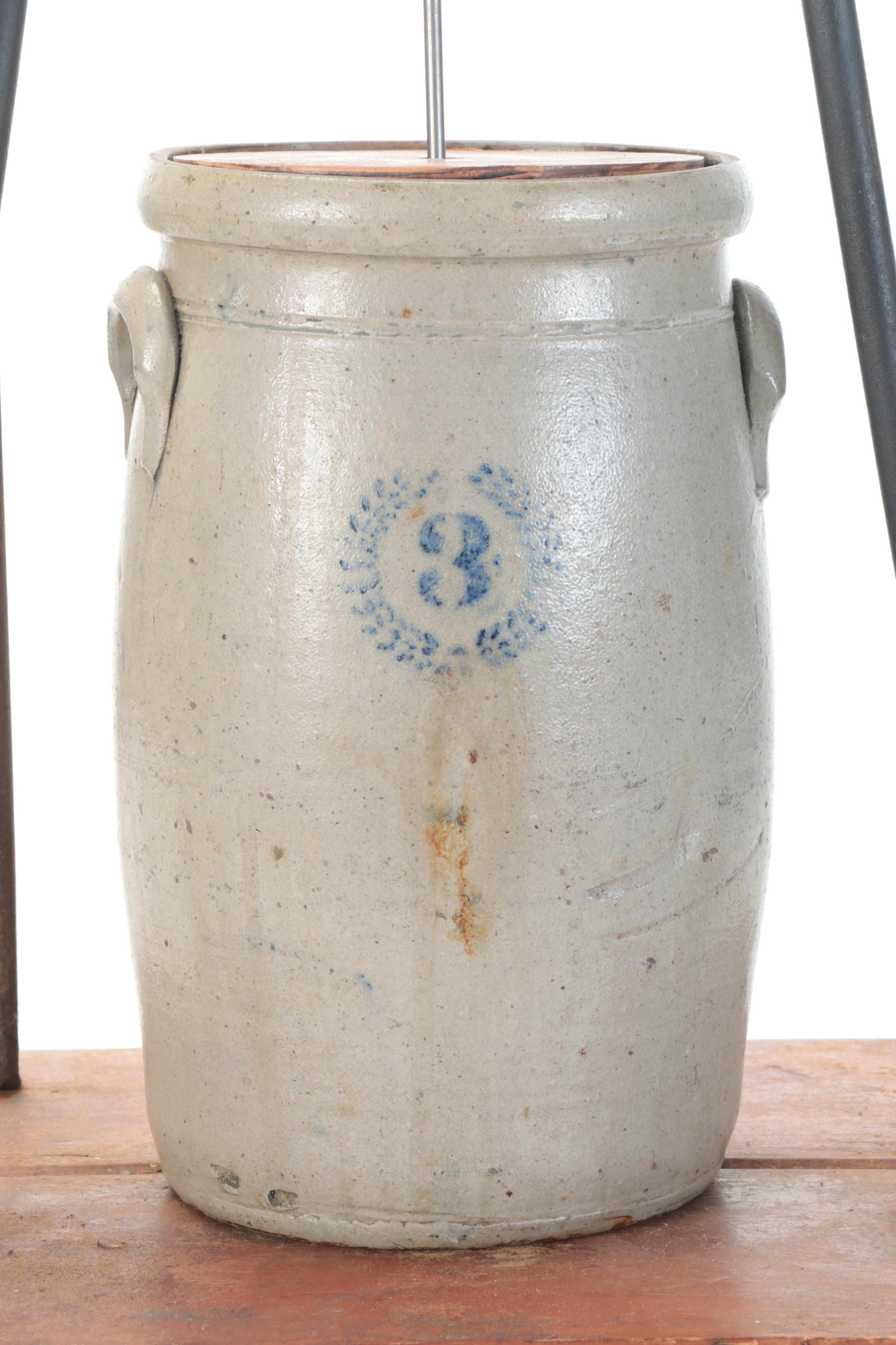 Hand-Crank Butter Churn with No.3 Salt Glazed Stone Crock, Antique | EBTH