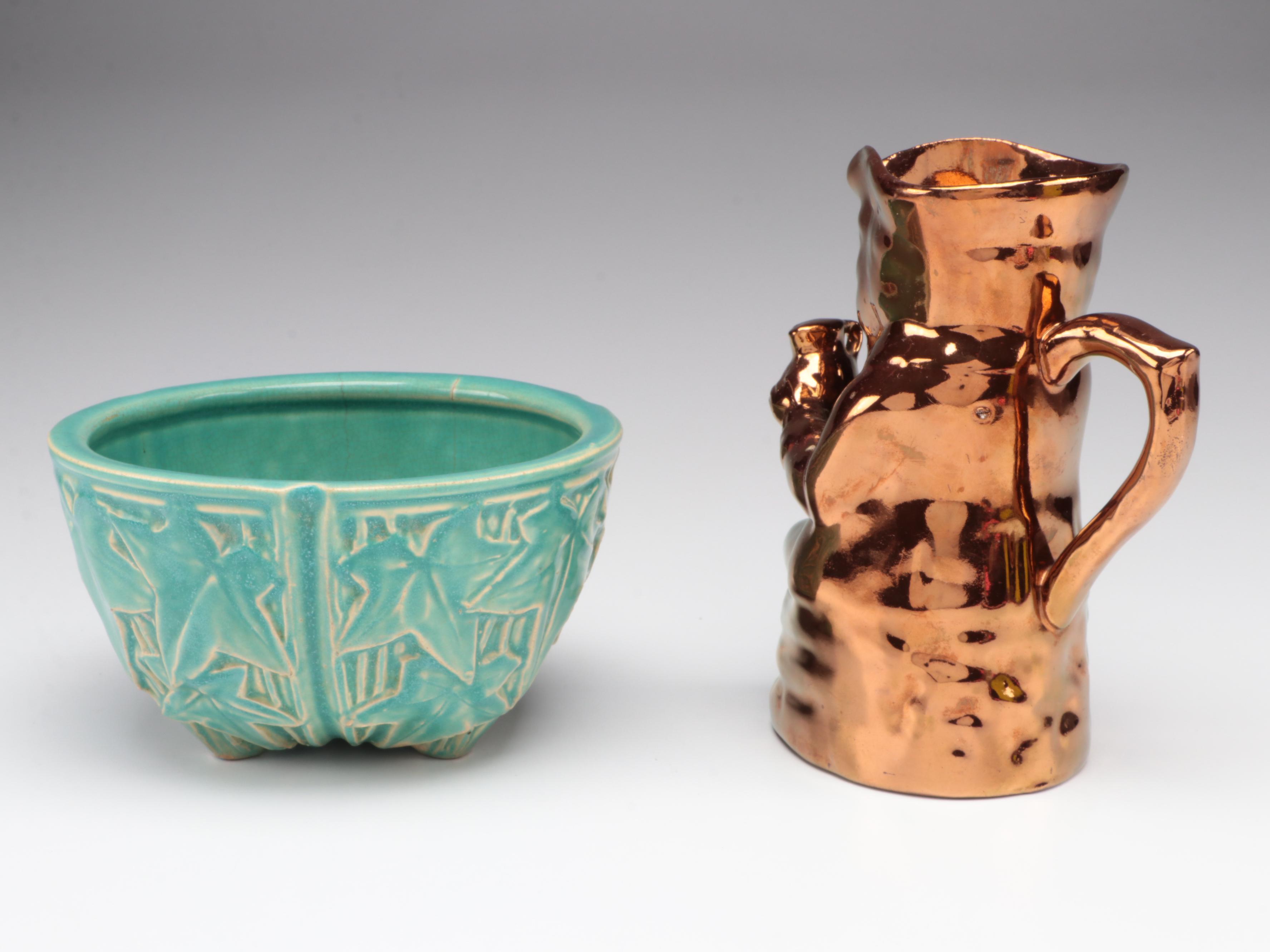 McCoy Maple Leaf Ceramic Planter, Copper Clad Toby Jug, and Glass ...