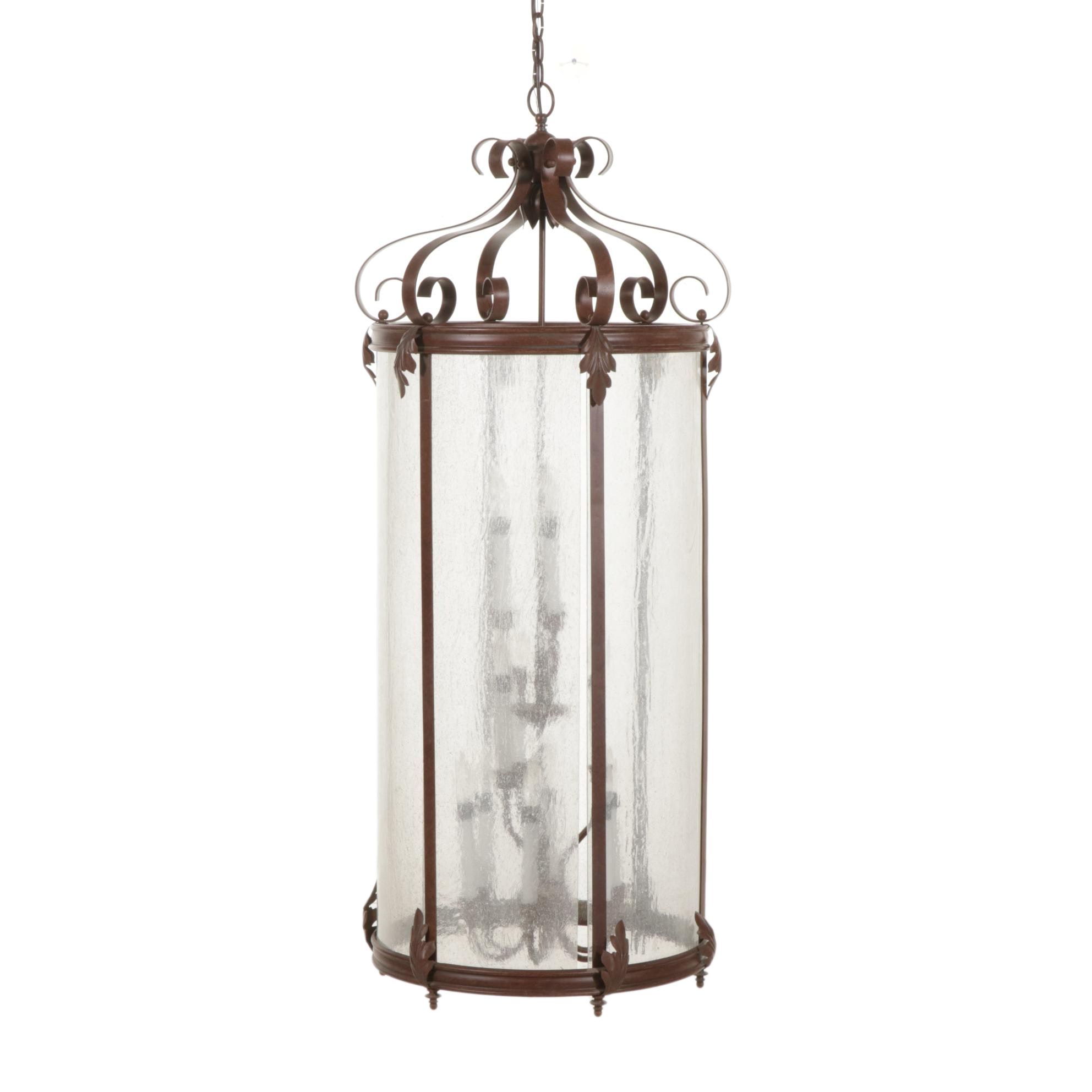 Large Patinated Metal and Seed Glass Panel Pendant Lantern | EBTH