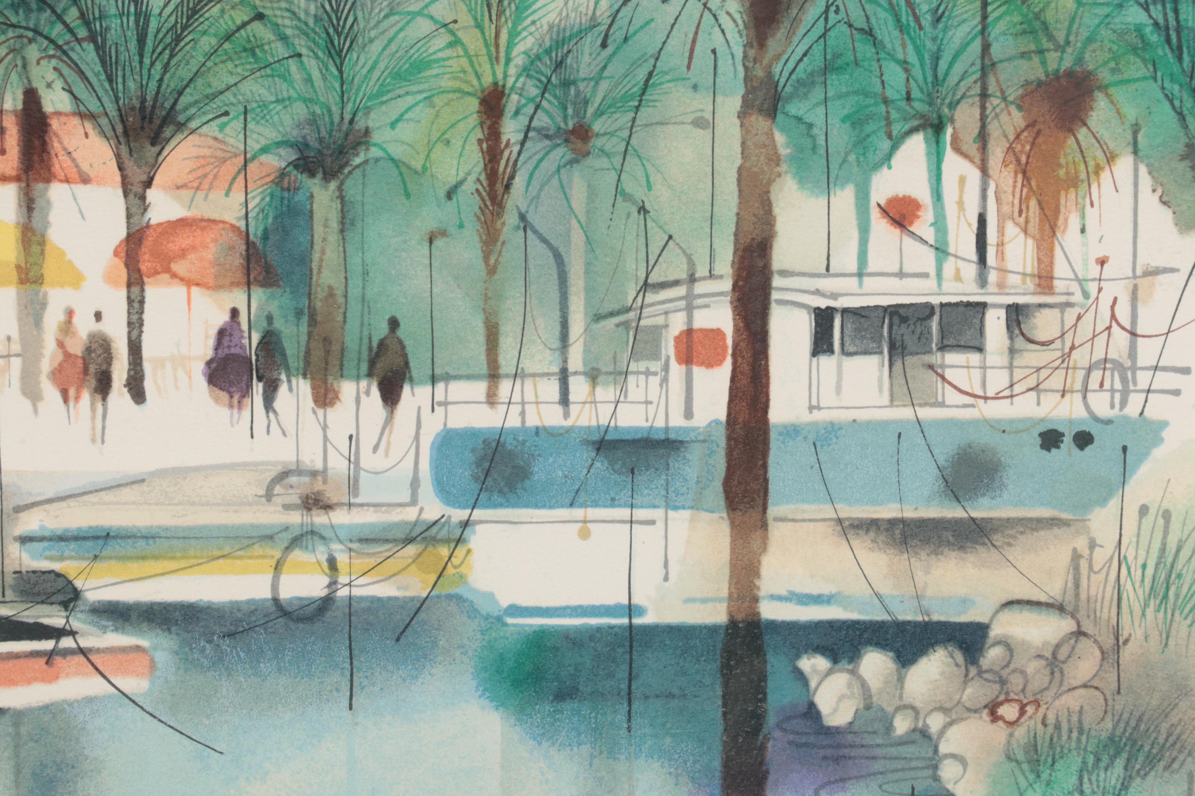 Shmuel Katz Lithograph of Israeli Harbor Scene | EBTH