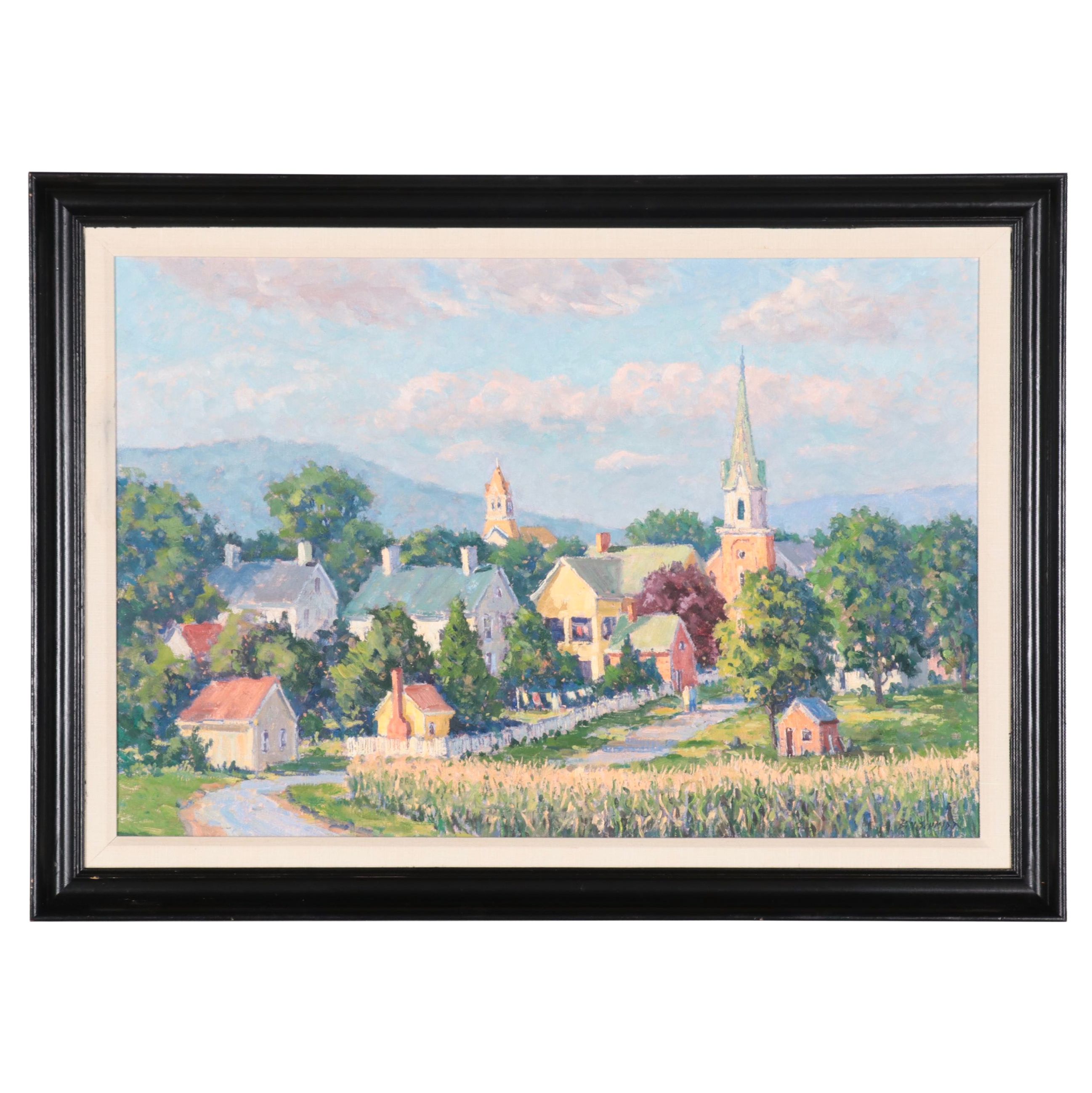 Bill Schmidt Oil Painting Town Landscape "Village Evening" | EBTH