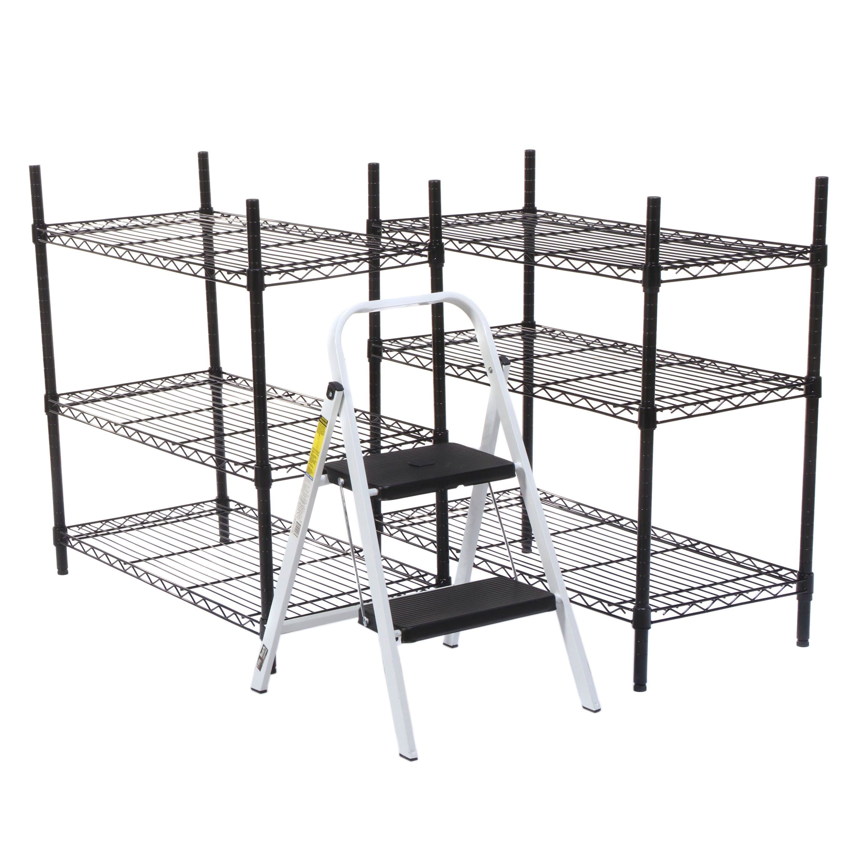 Two Three-Tiered Wire Storage Shelves With Easy Reach Step Stool | EBTH