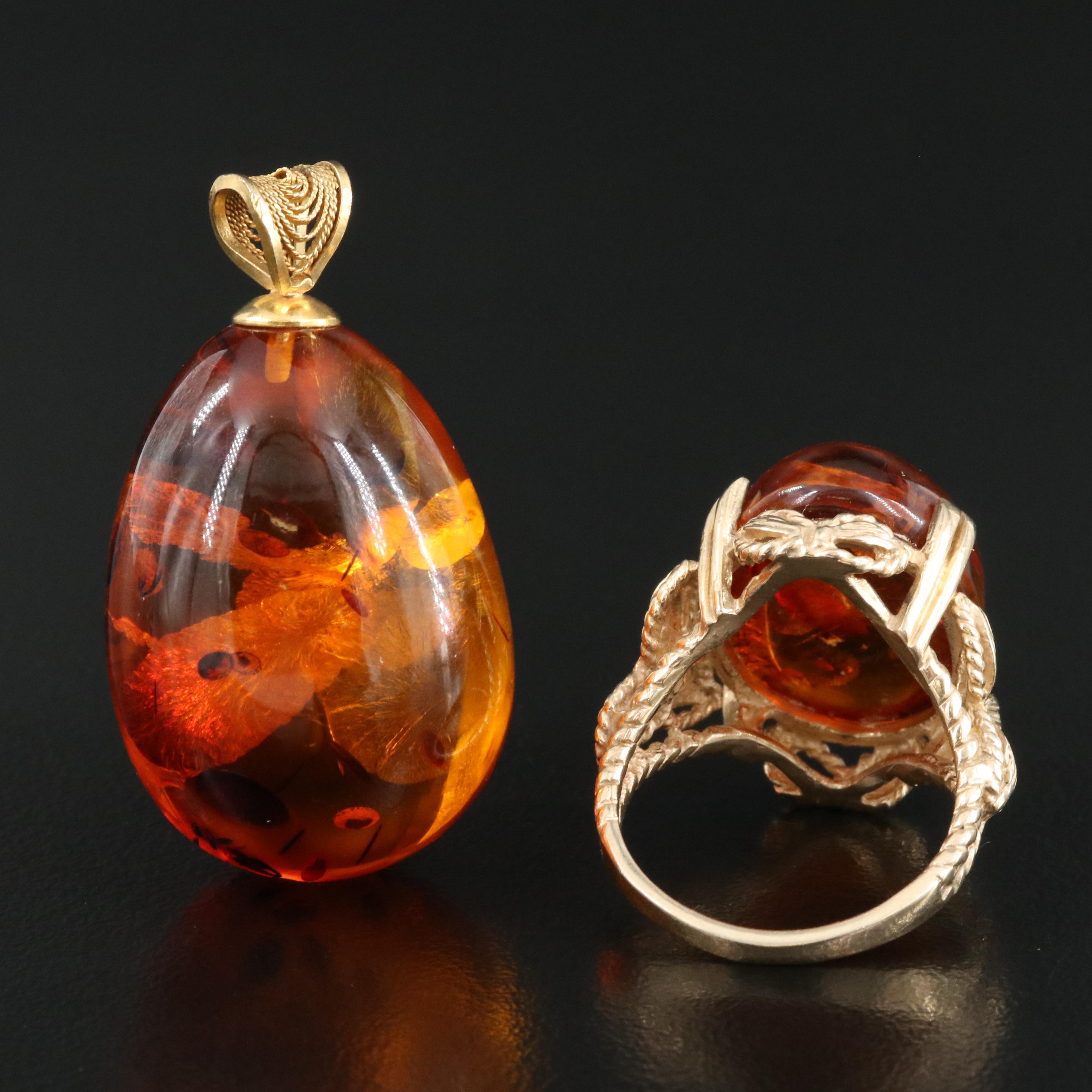 10K Amber Ring with Amber Pendant | EBTH