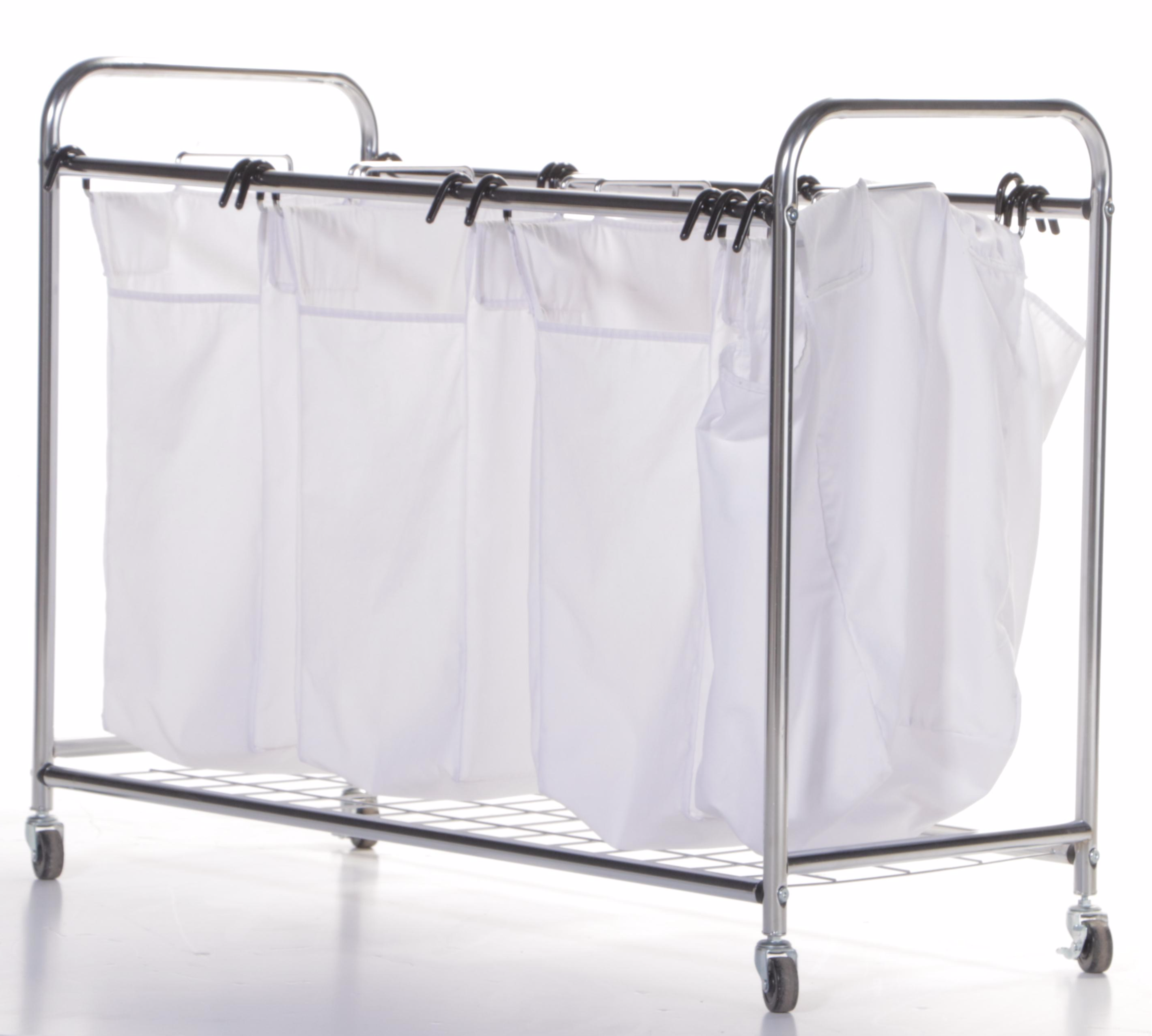 Divided Laundry Hamper on Casters With Stack of Clear Plastic Organizer ...