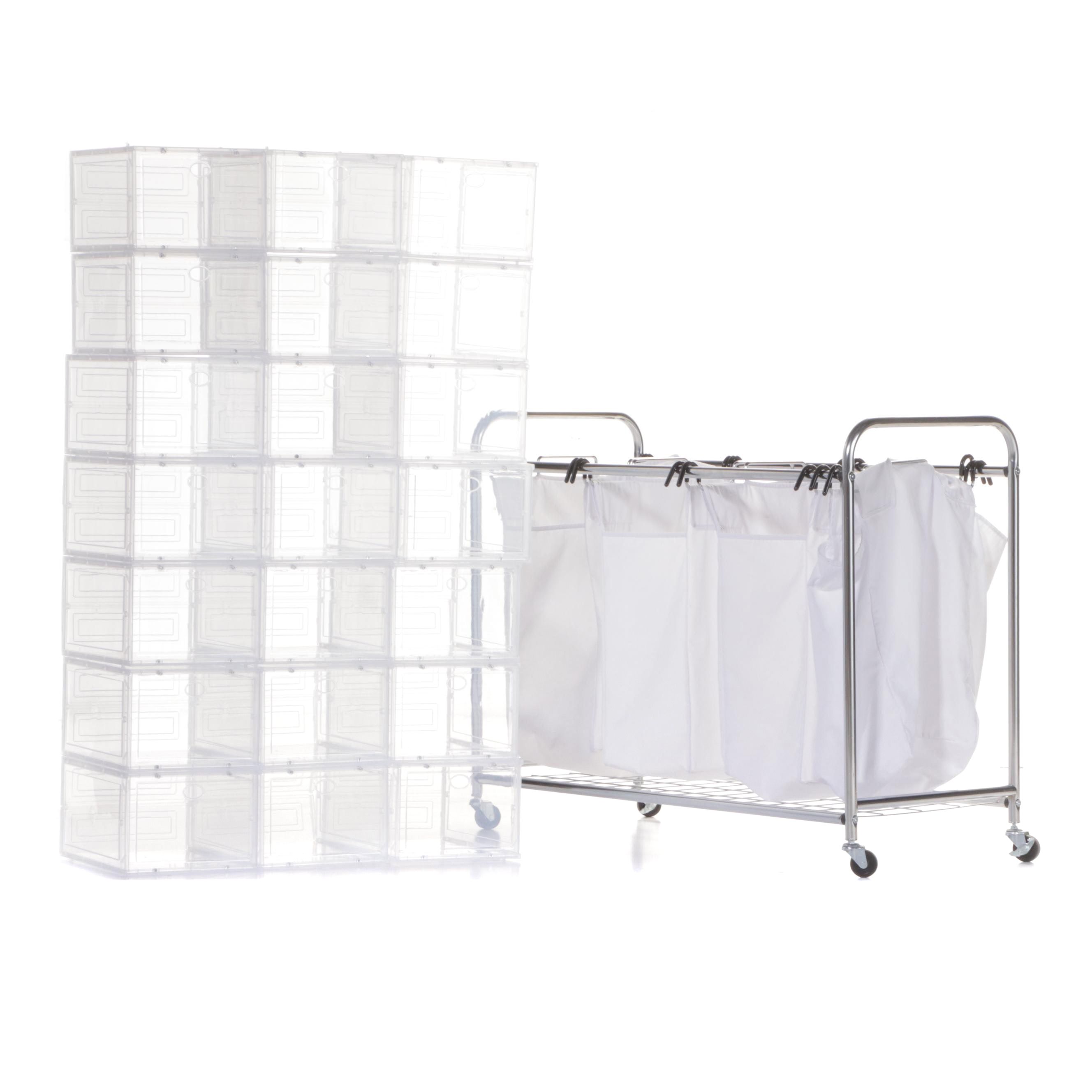 Divided Laundry Hamper on Casters With Stack of Clear Plastic Organizer ...