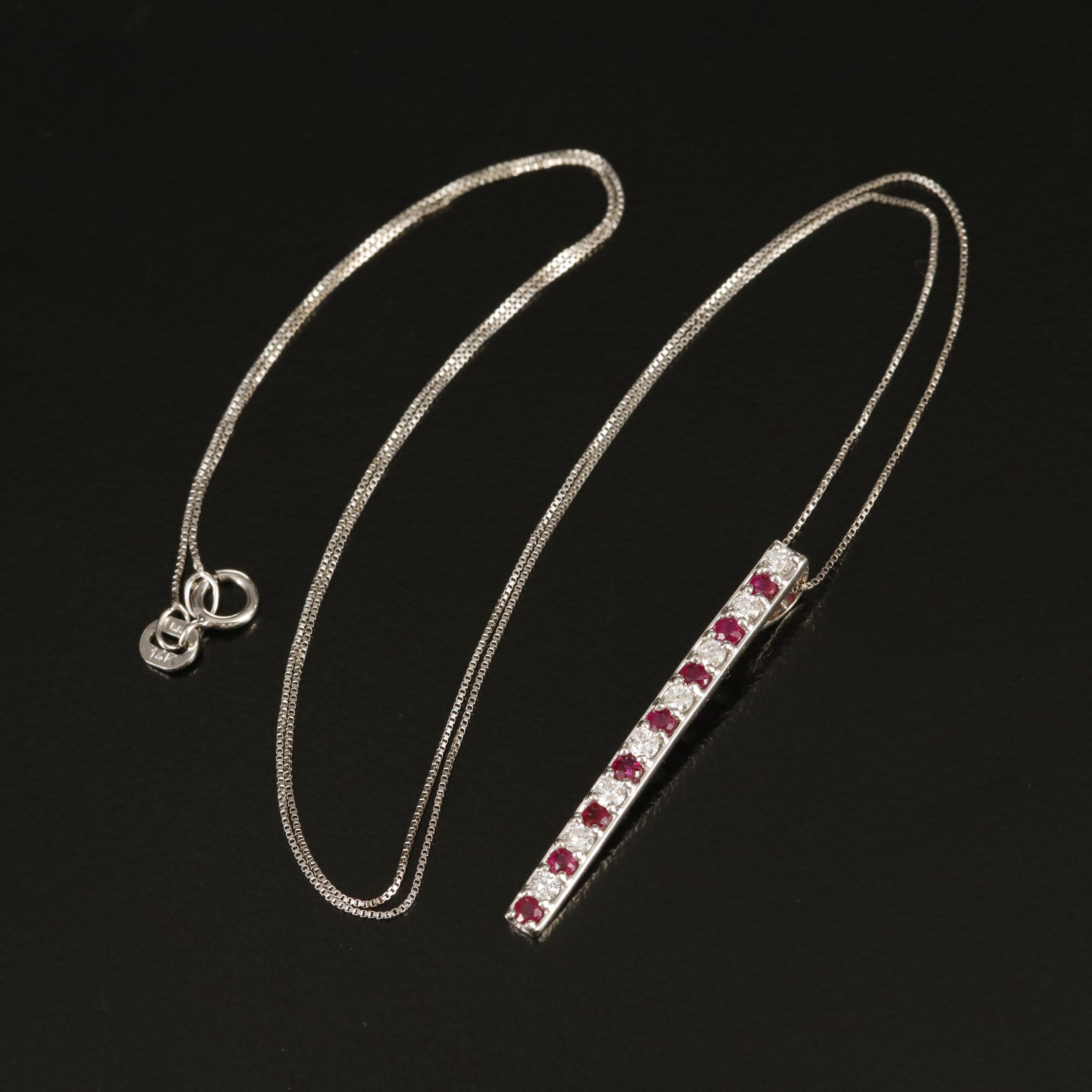 14K Ruby and Diamond Bar Pendant on Italian 14K Box Chain | EBTH