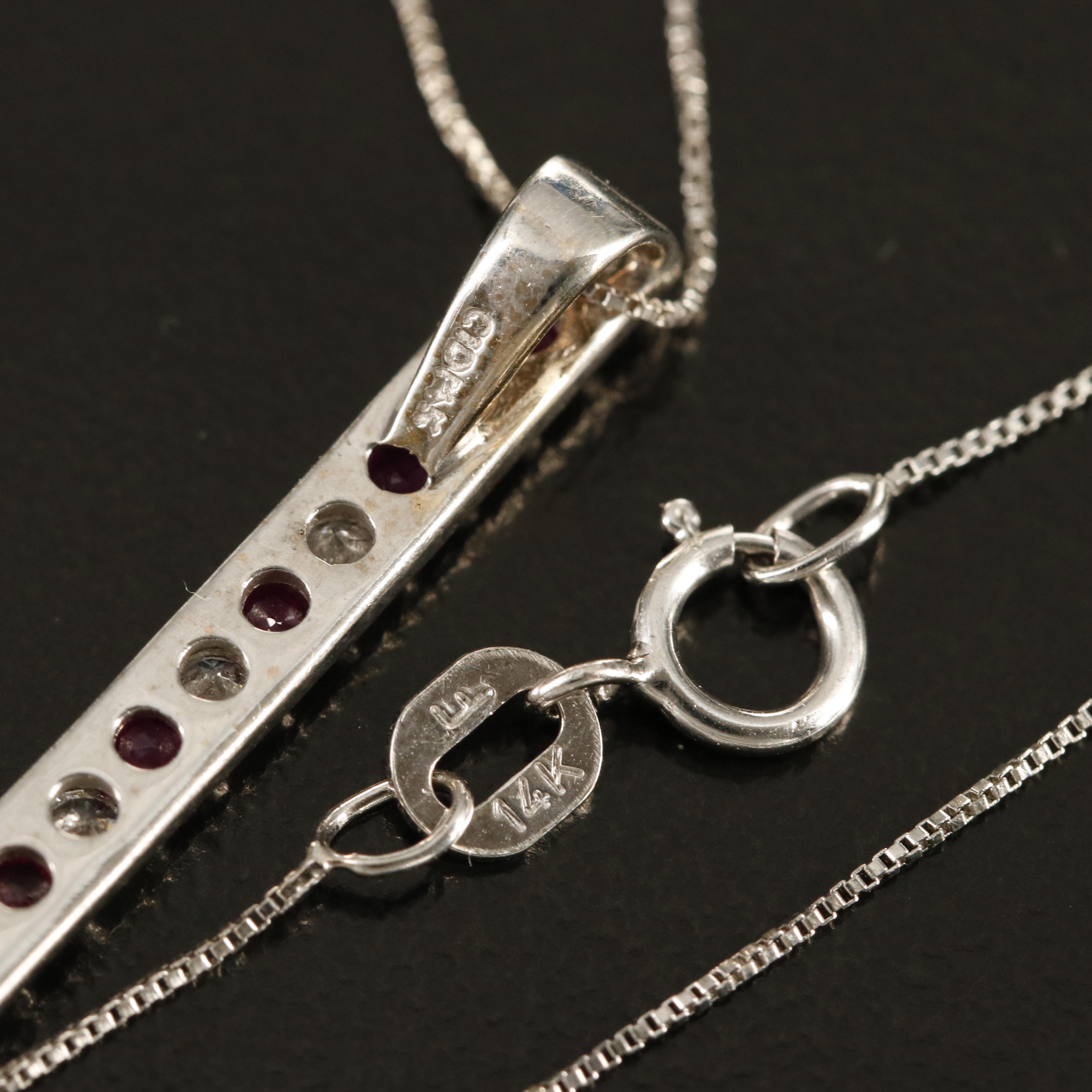 14K Ruby and Diamond Bar Pendant on Italian 14K Box Chain | EBTH