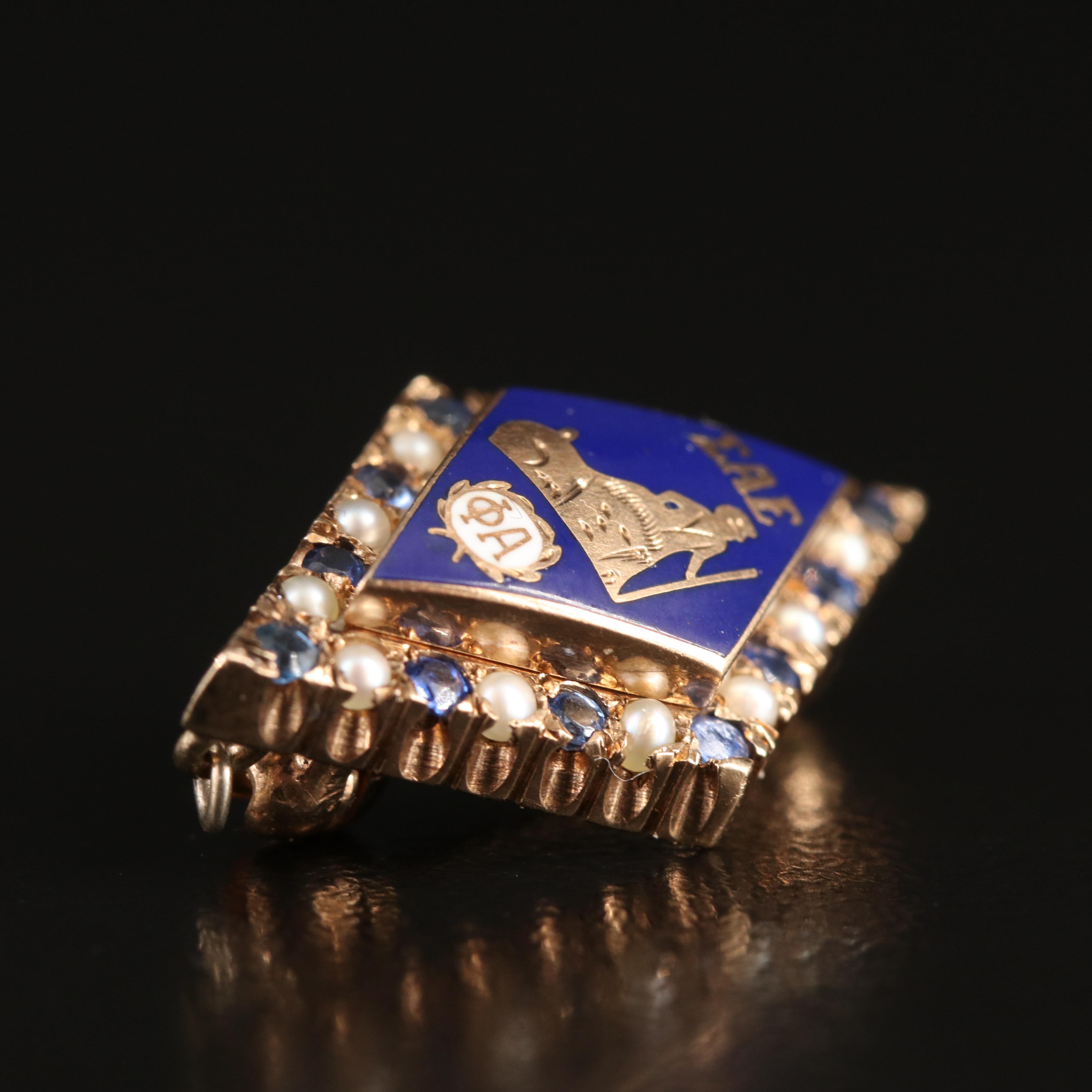 10K Sigma Alpha Epsilon Fraternity Sapphire, Seed Pearl and Enamel Pin ...