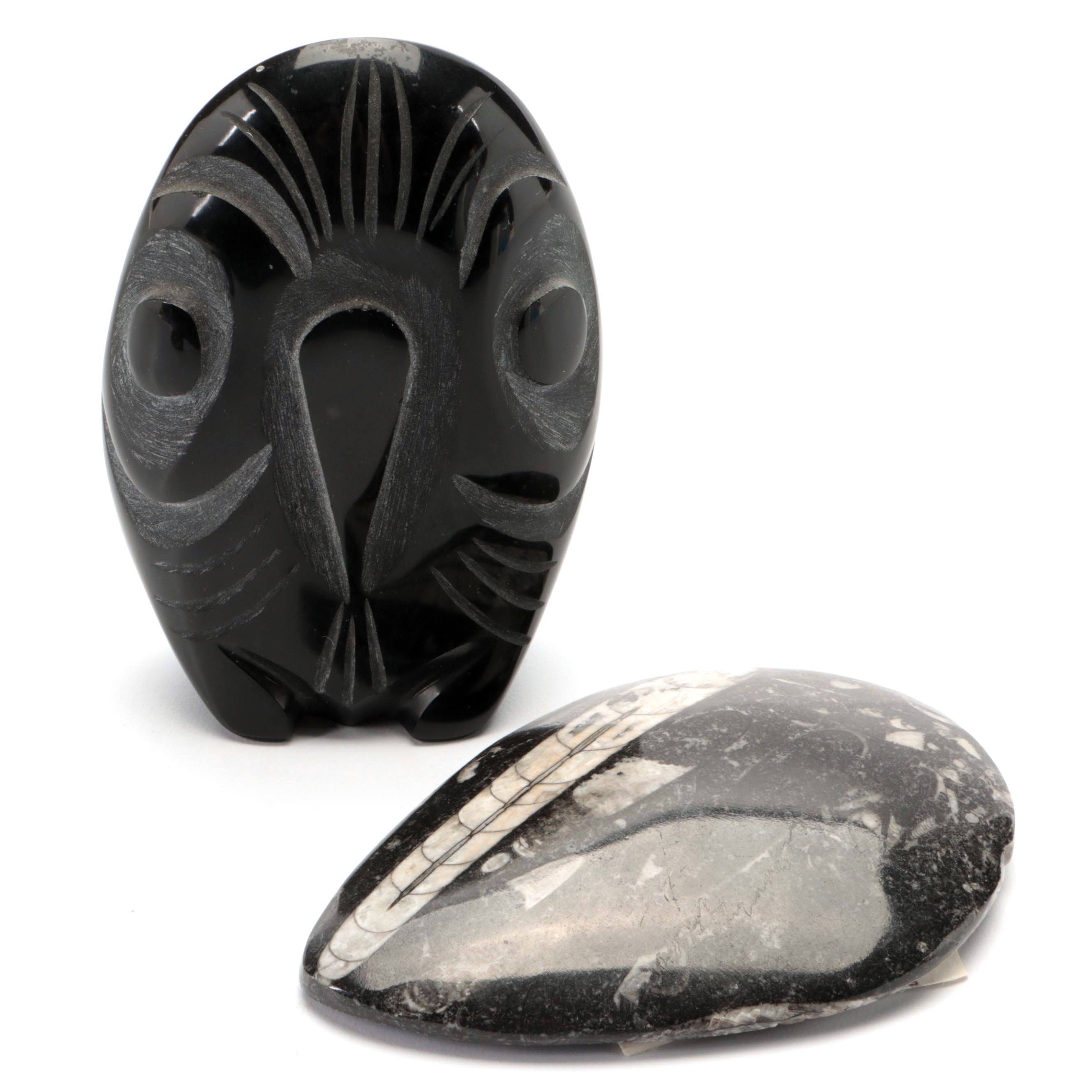 Carved Obsidian Owl Figurine with Polished Orthoceras Specimen | EBTH