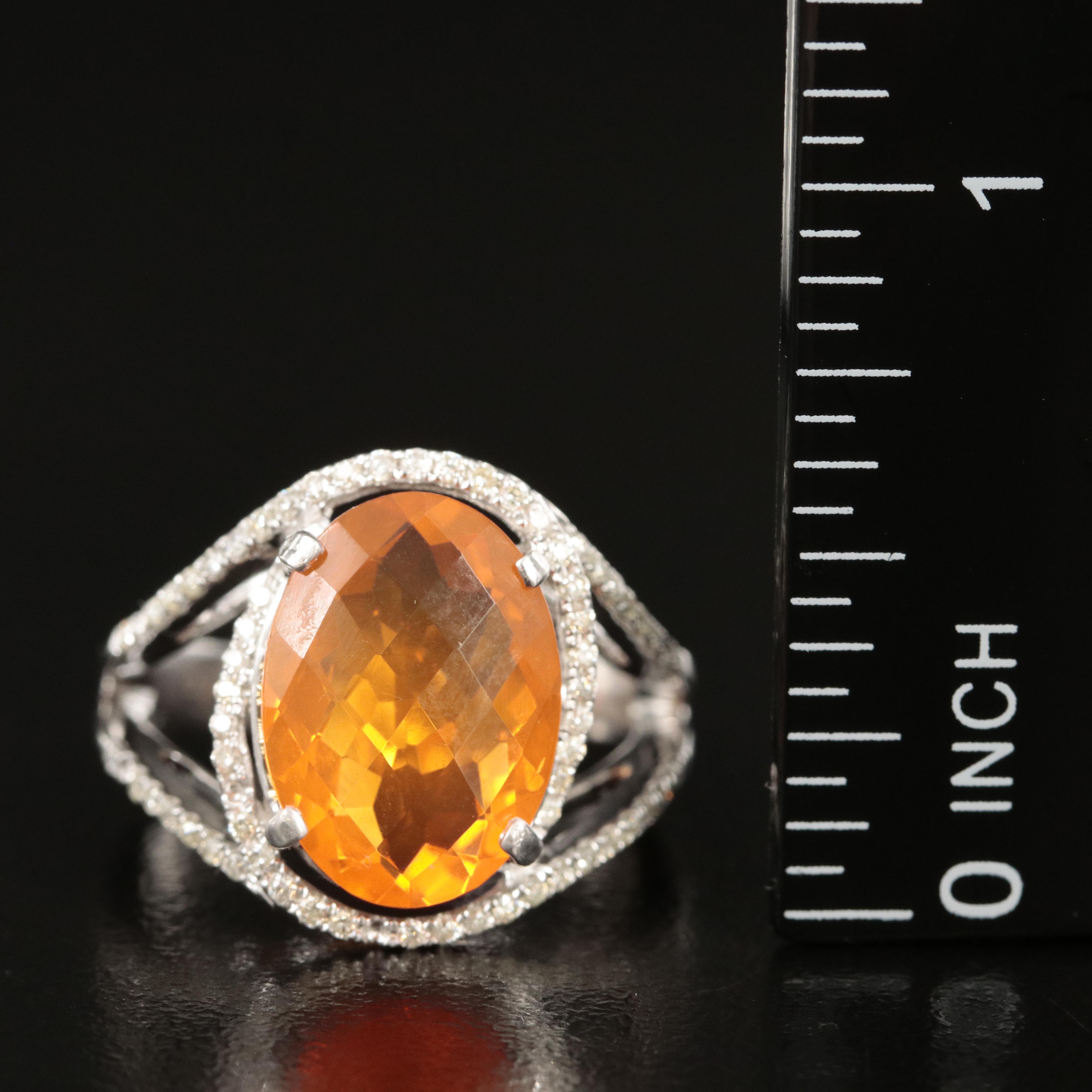 14K Fire Opal and Diamond Halo Shoulder Ring | EBTH